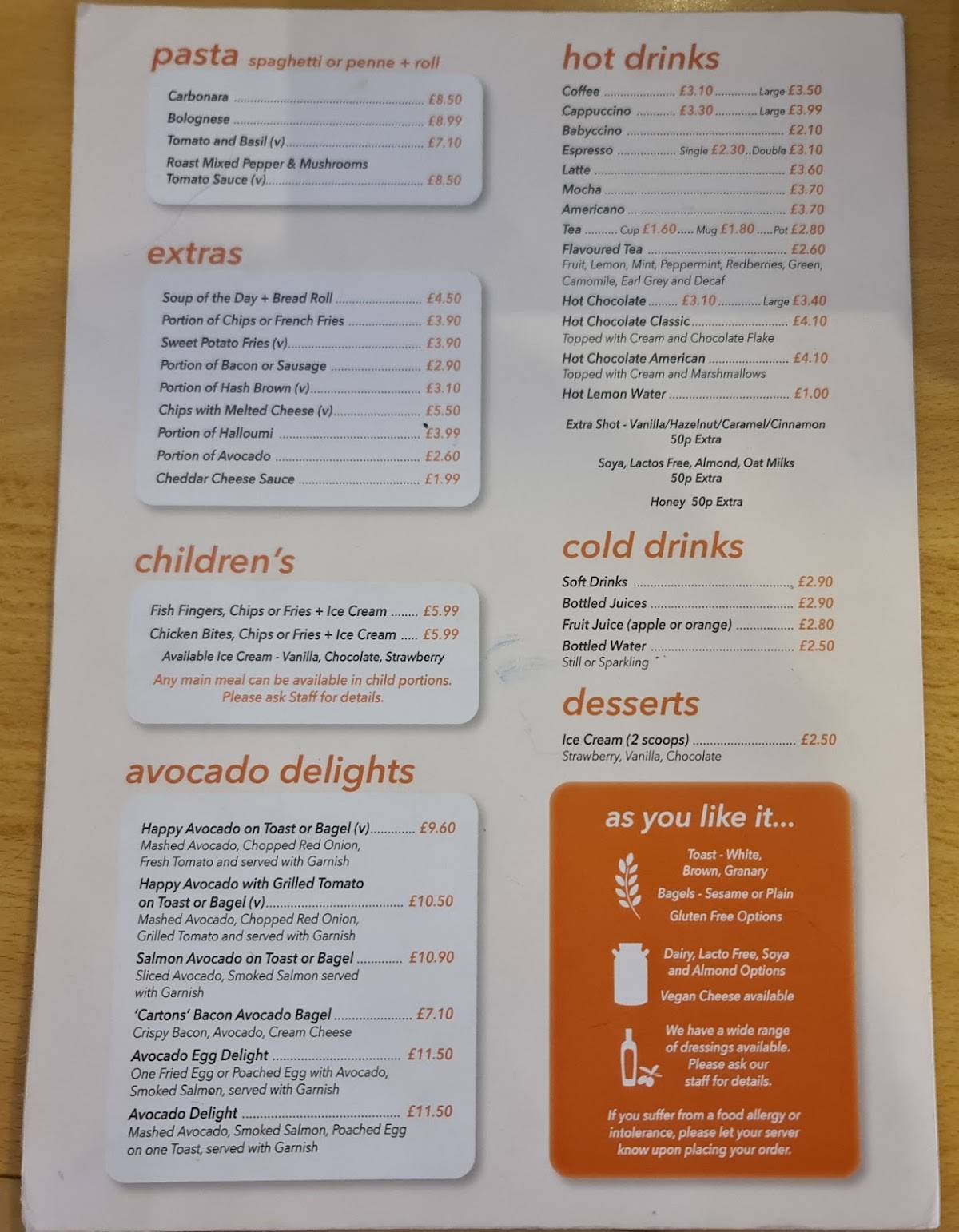 Menu at Cartons Stanmore cafe, Stanmore