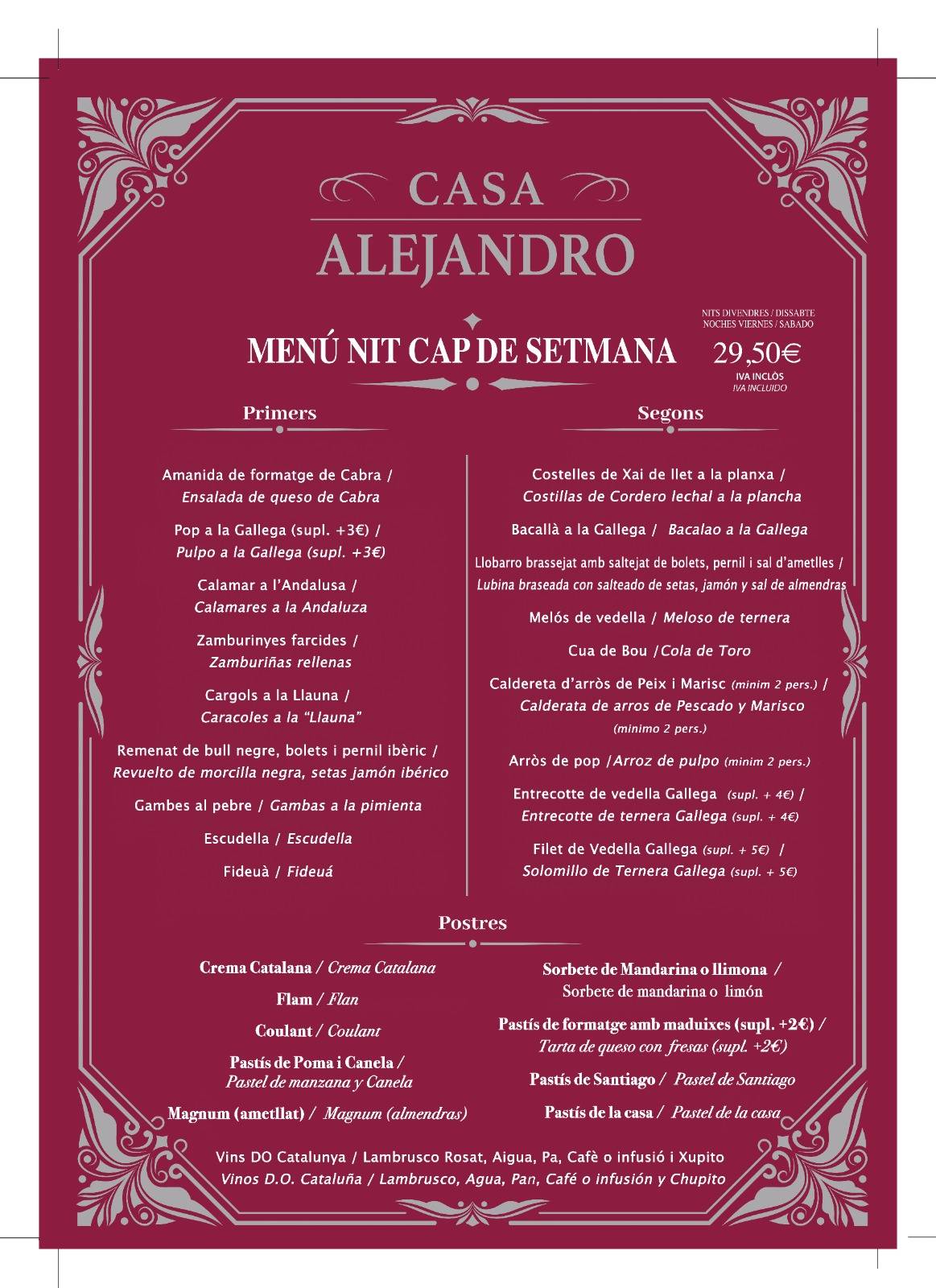 Menu at Restaurante Casa Alejandro, Reus, Carrer del Batan