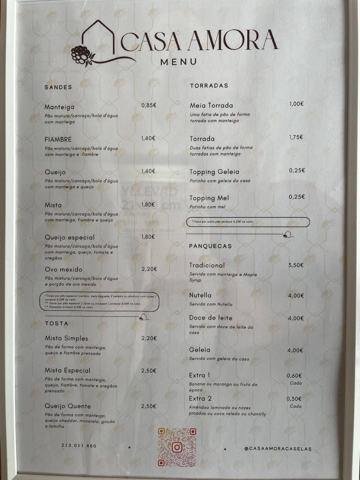 Menu em Casa Amora cafeteria, Lisboa