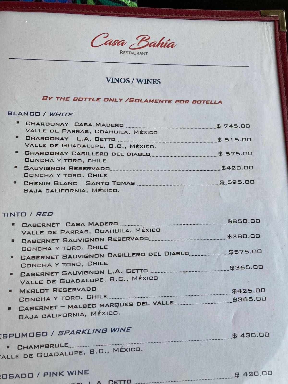 Menu at Casa Bahia restaurant, Zihuatanejo