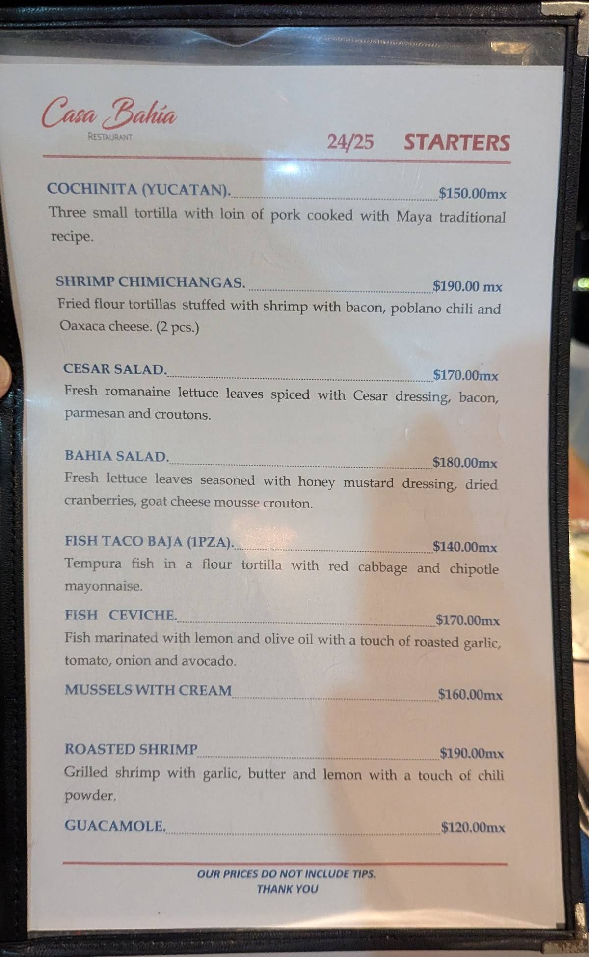 Menu at Casa Bahia restaurant, Zihuatanejo