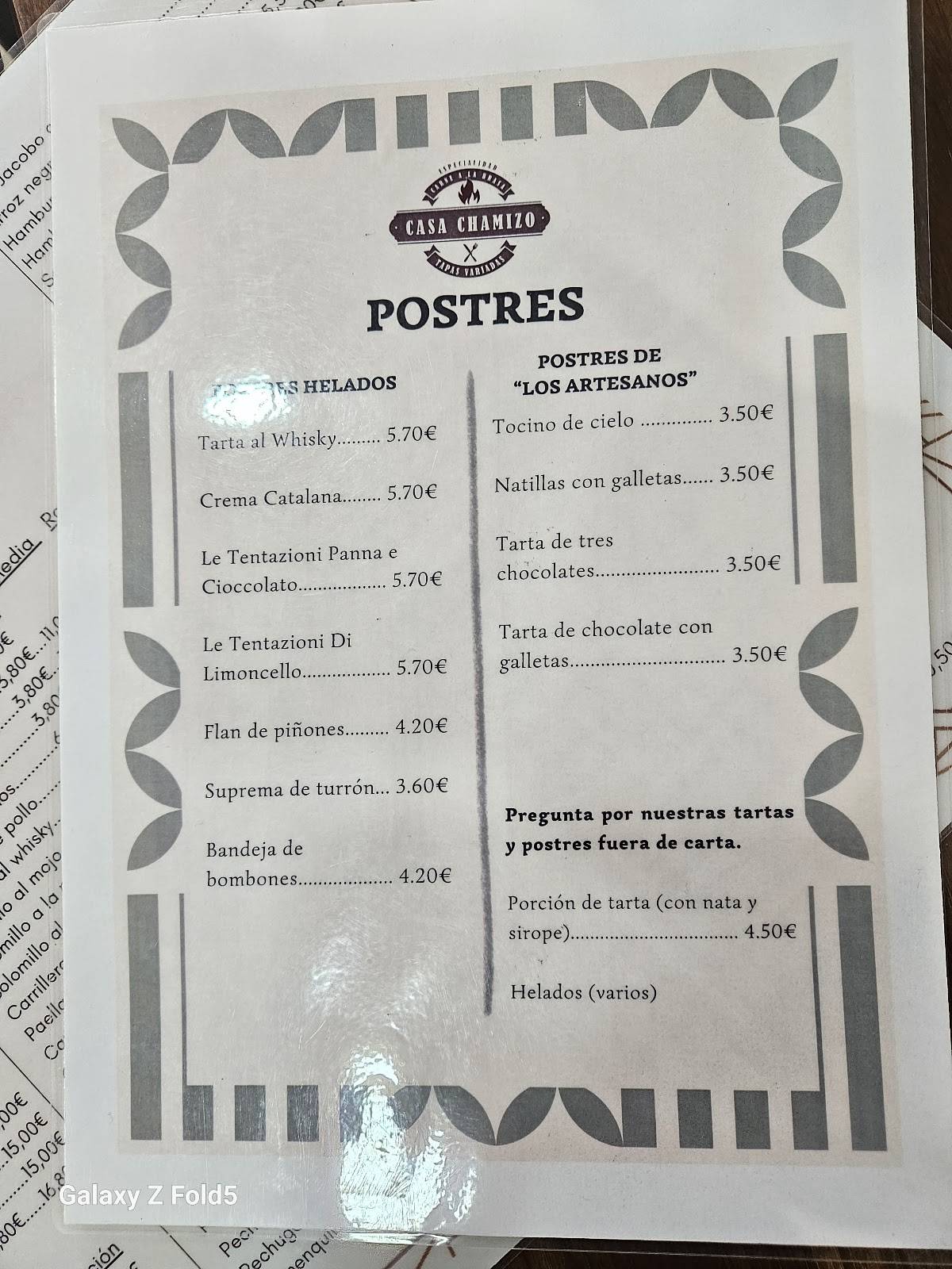 Carta del restaurante Casa Chamizo, Marchena