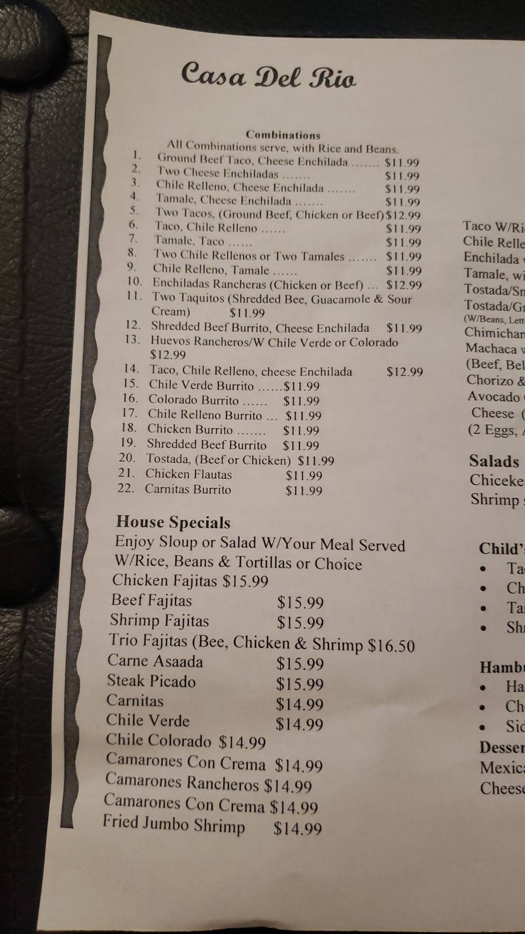 Menu at Casa Del Rio restaurant, Ventura
