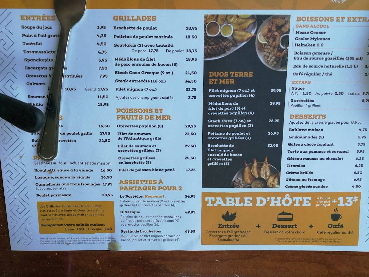 Menu au Casa Grecque restaurant, Saint-Hyacinthe, Rue Martineau