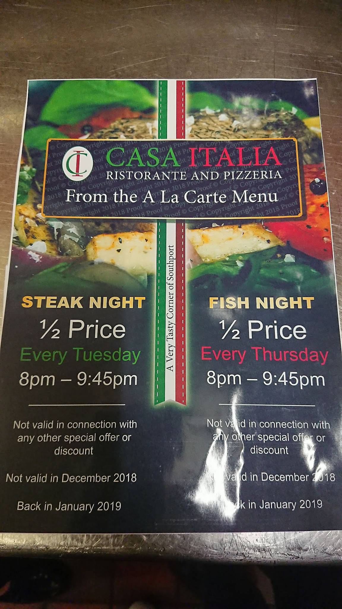 Menu at Casa Italia restaurant, Southport