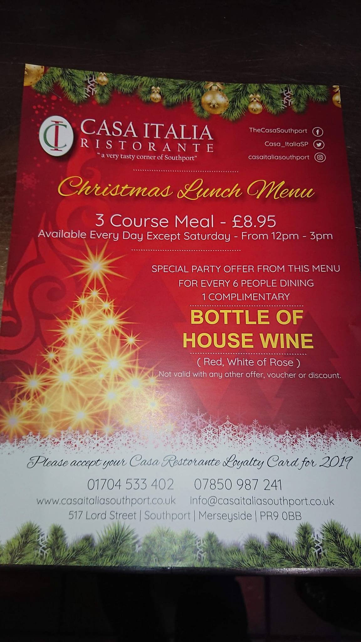 Menu at Casa Italia restaurant, Southport