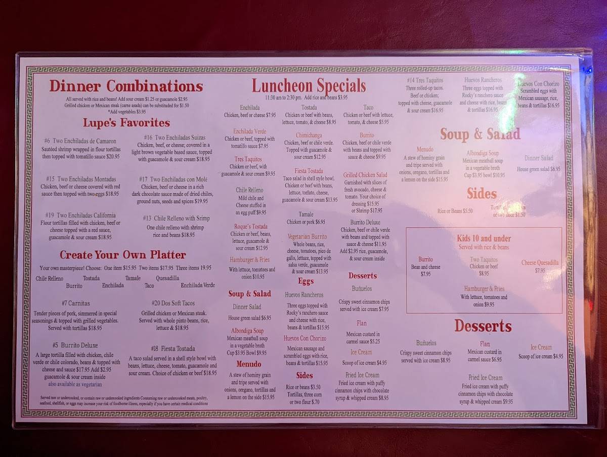 Menu at Casa Lupe restaurant, Sunnyvale