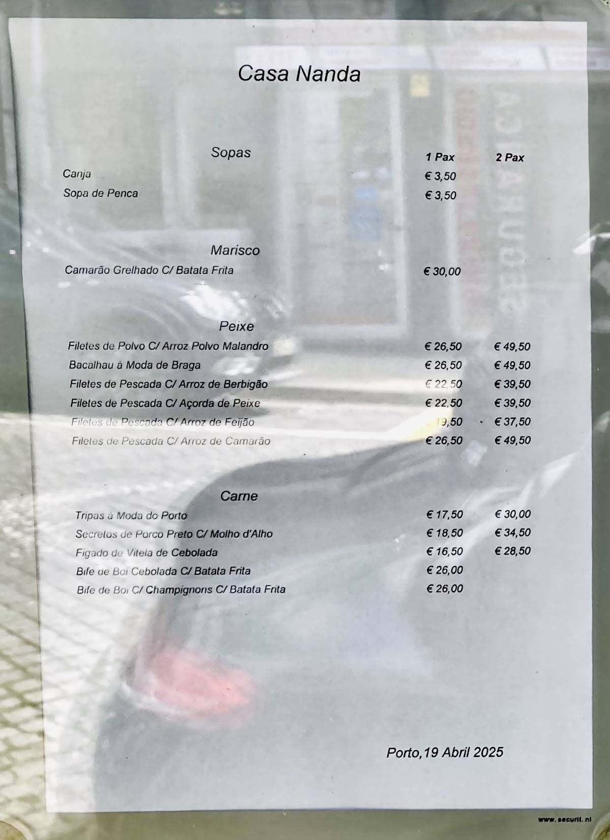 Menu at Casa Nanda restaurant, Porto