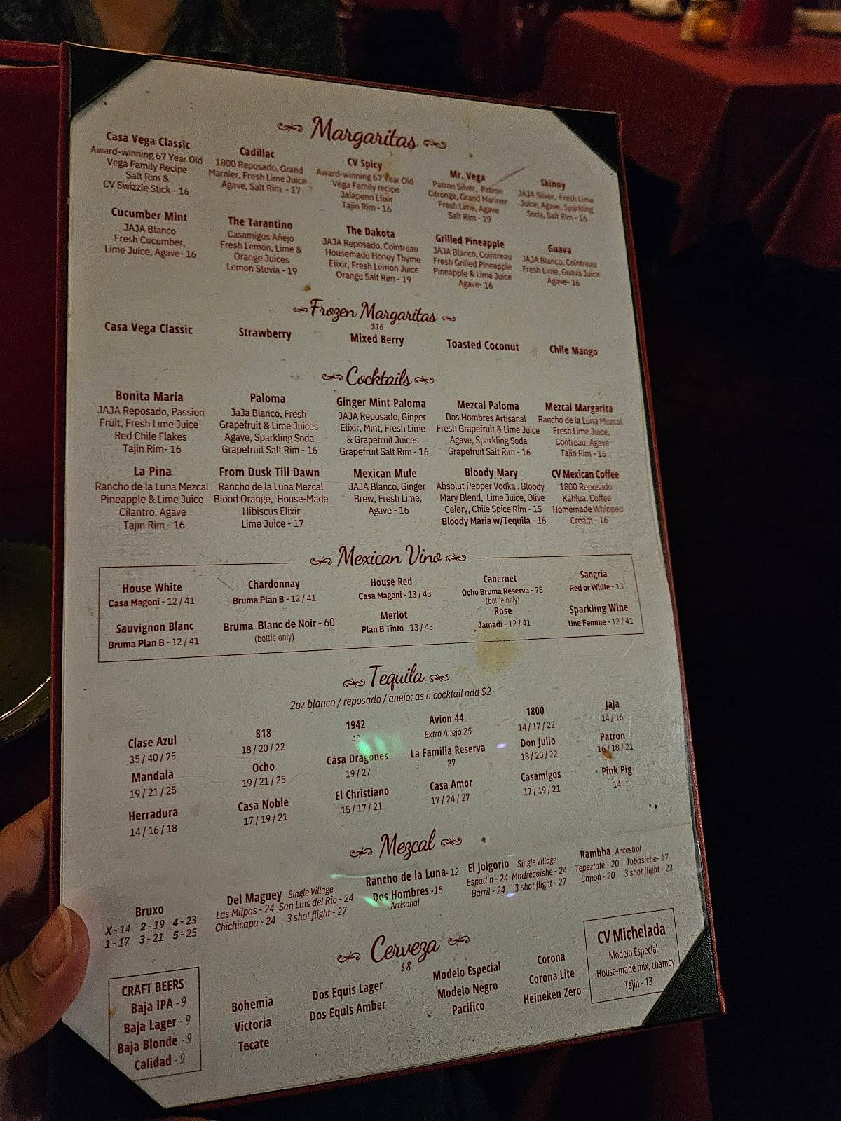 Menu at Casa Vega pub & bar, Los Angeles, Ventura Blvd