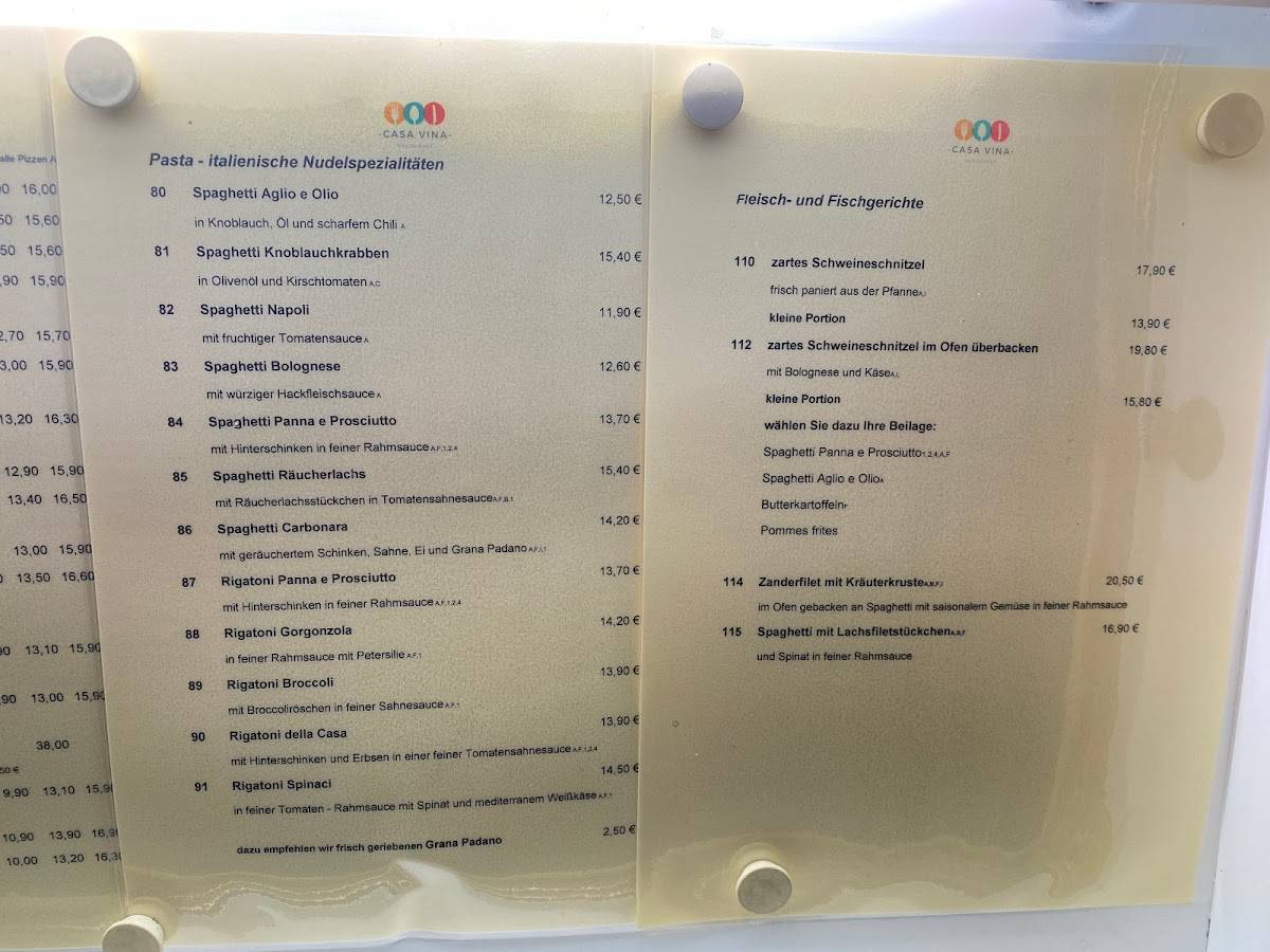 Menu at Casa Vina restaurant, Dresden