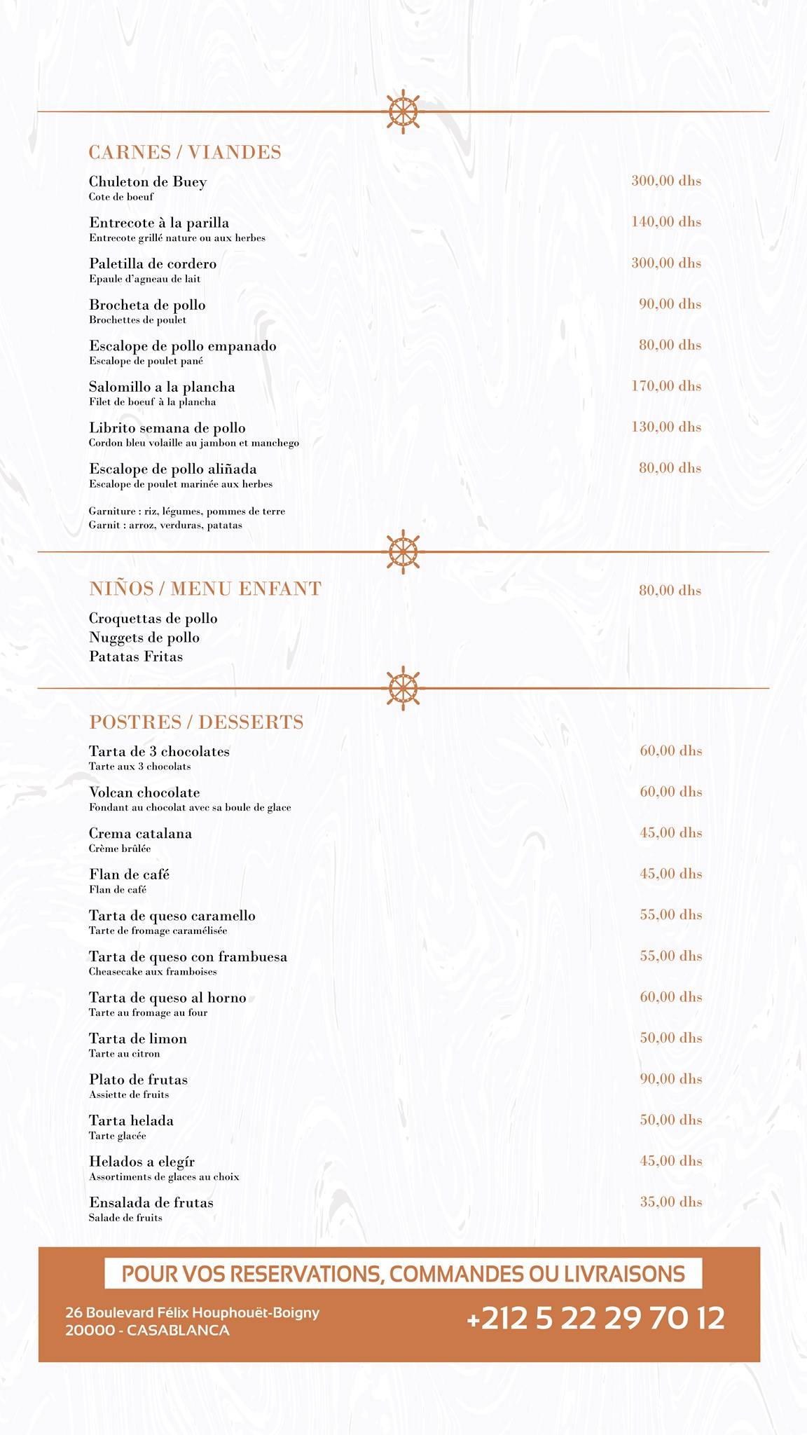 Menu au Casa José port restaurant, Casablanca, 26 Bd Félix Houphouët-Boigny