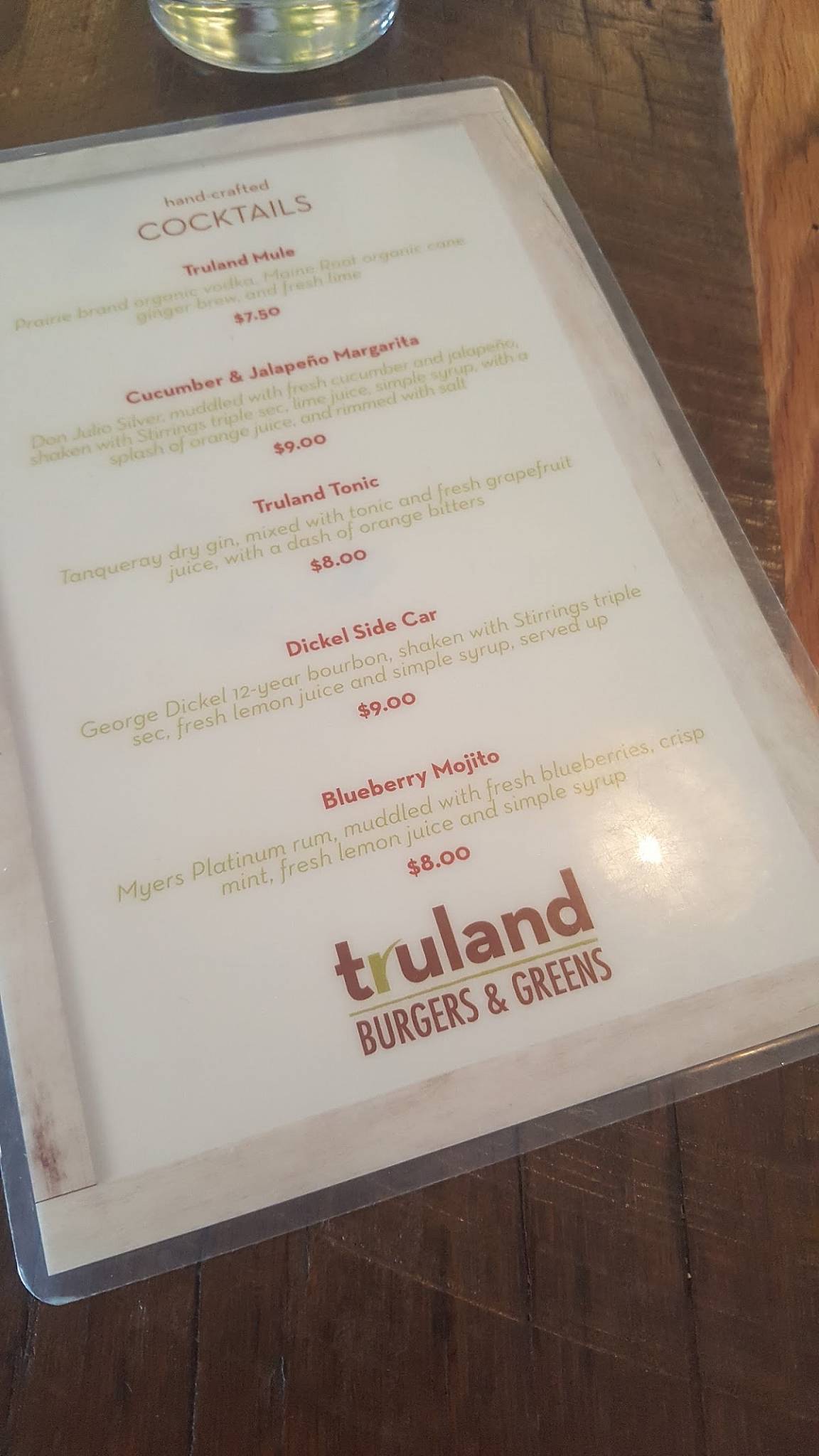 Menu at Truland Burgers & Greens Tucson pub & bar, Tucson