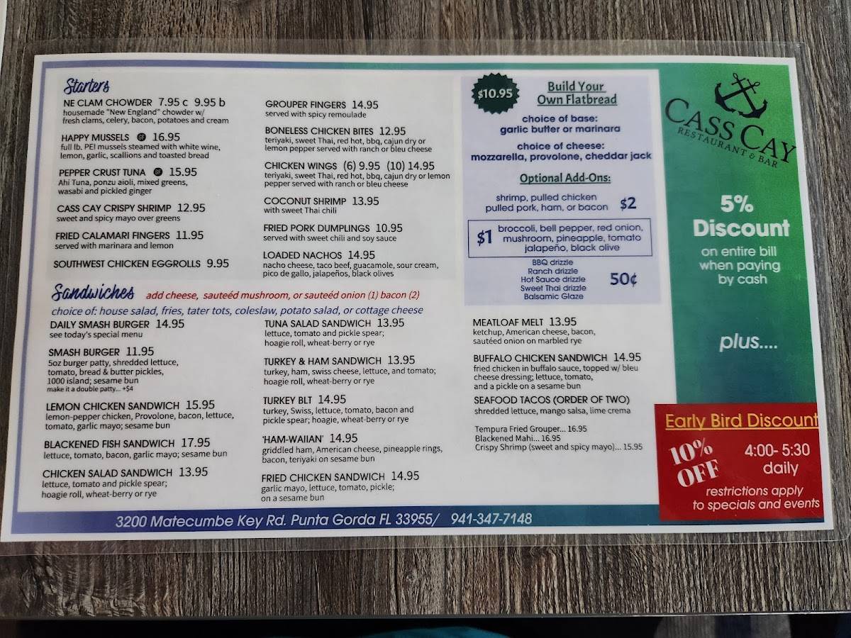 Menu at Cass Cay Restaurant & Bar, Burnt Store Marina