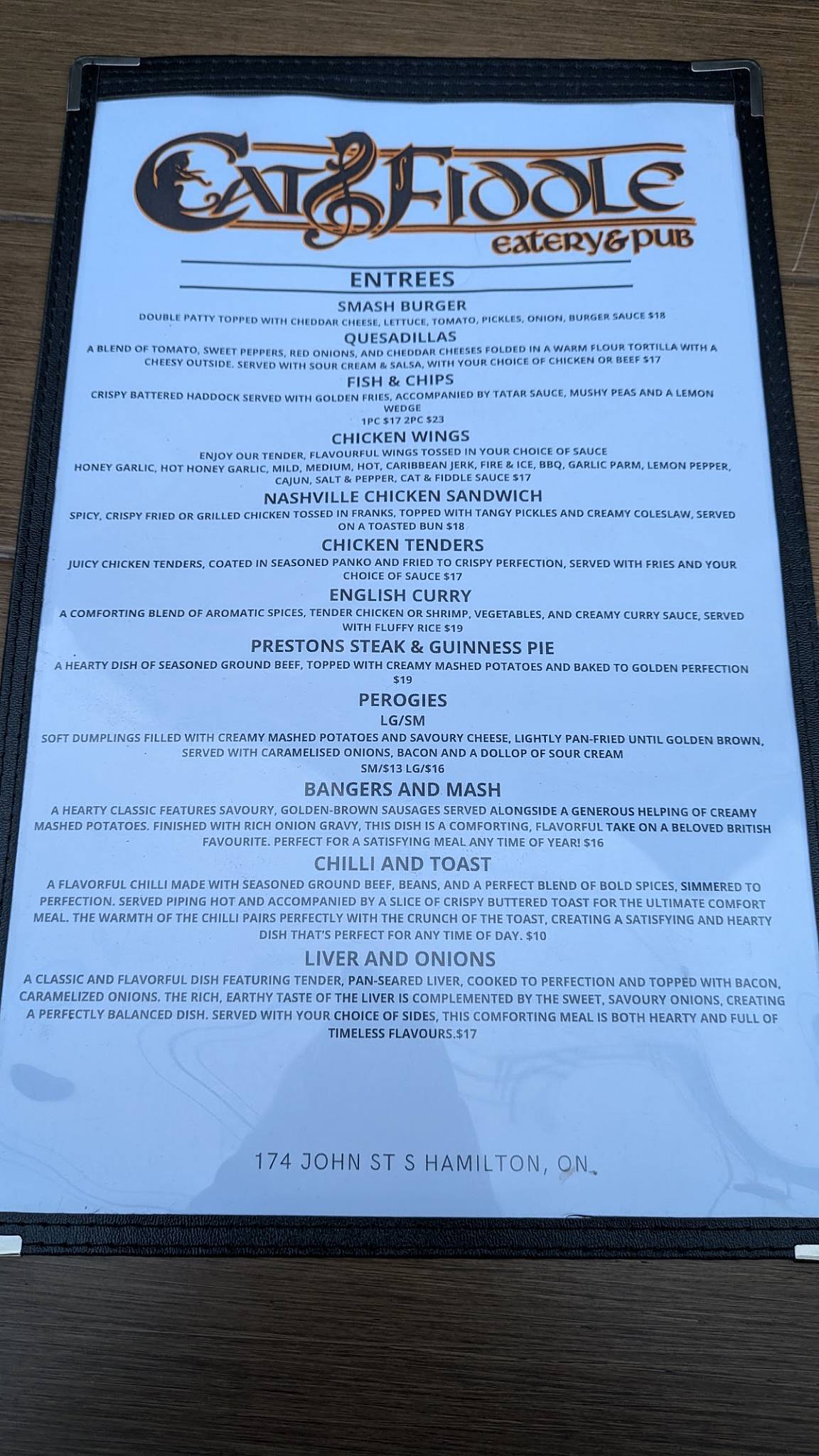 Menu at Cat & Fiddle pub & bar, Hamilton