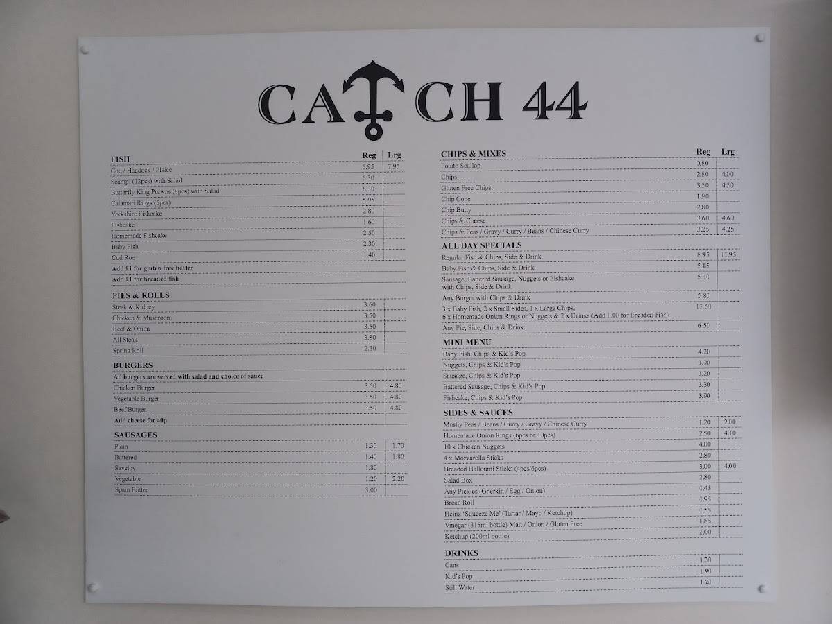 Menu at Catch 44 restaurant, Worksop