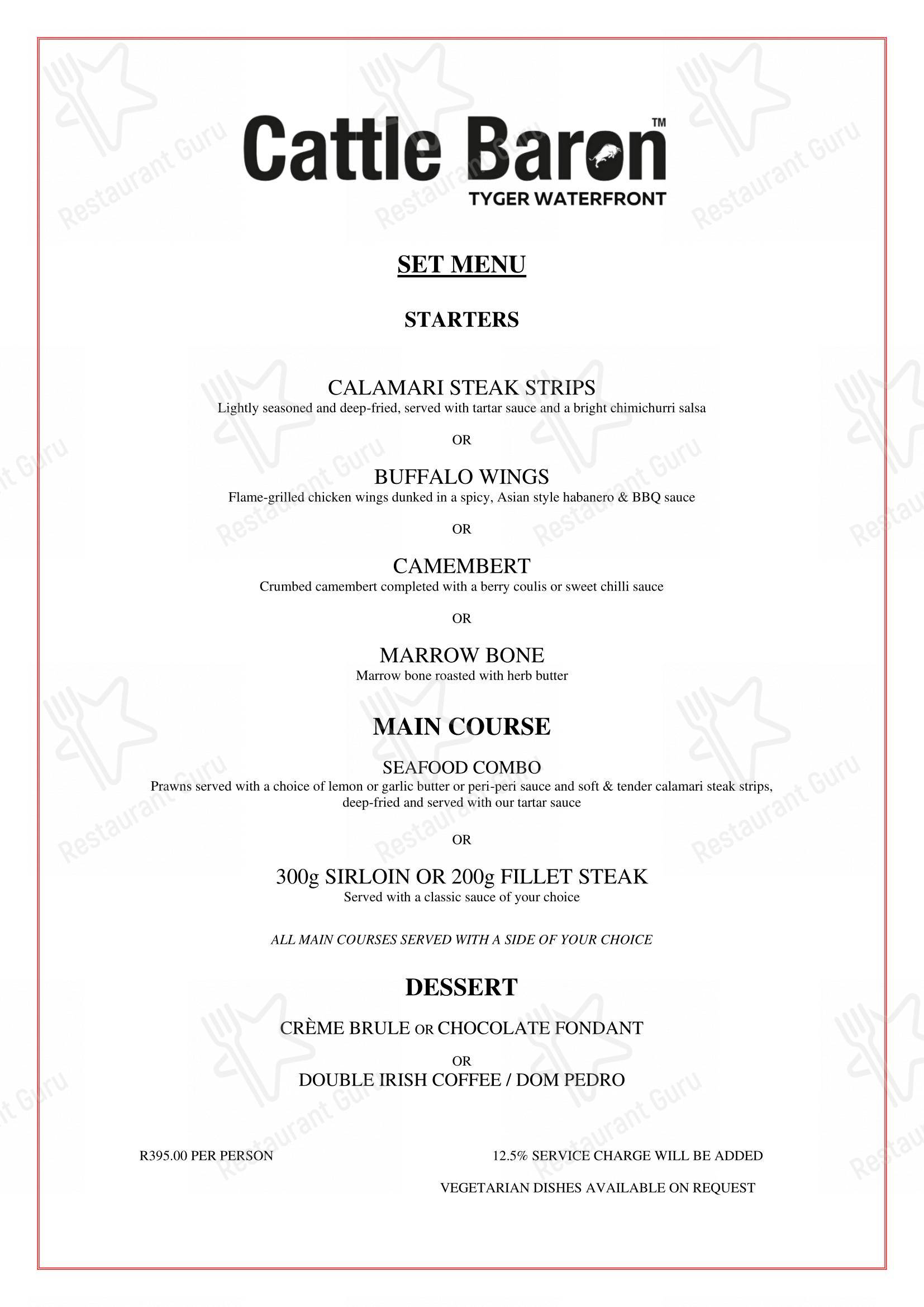 Menu au Cattle Baron Tyger Waterfront, Le Cap, Shops 5-8