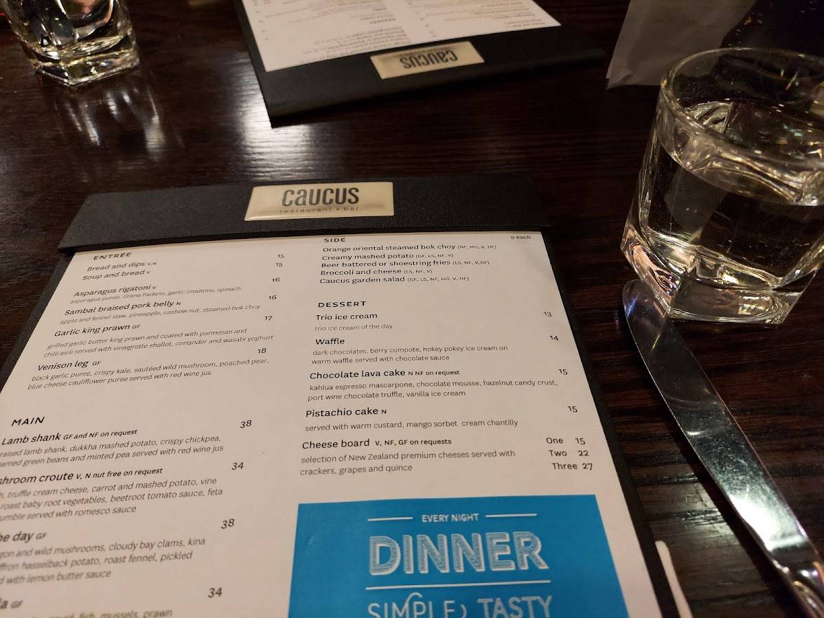 Menu at Caucus Restaurant, Wellington