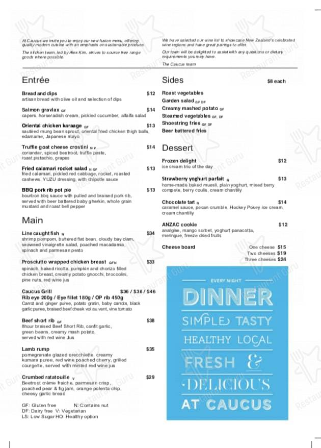 Menu at Caucus Restaurant, Wellington