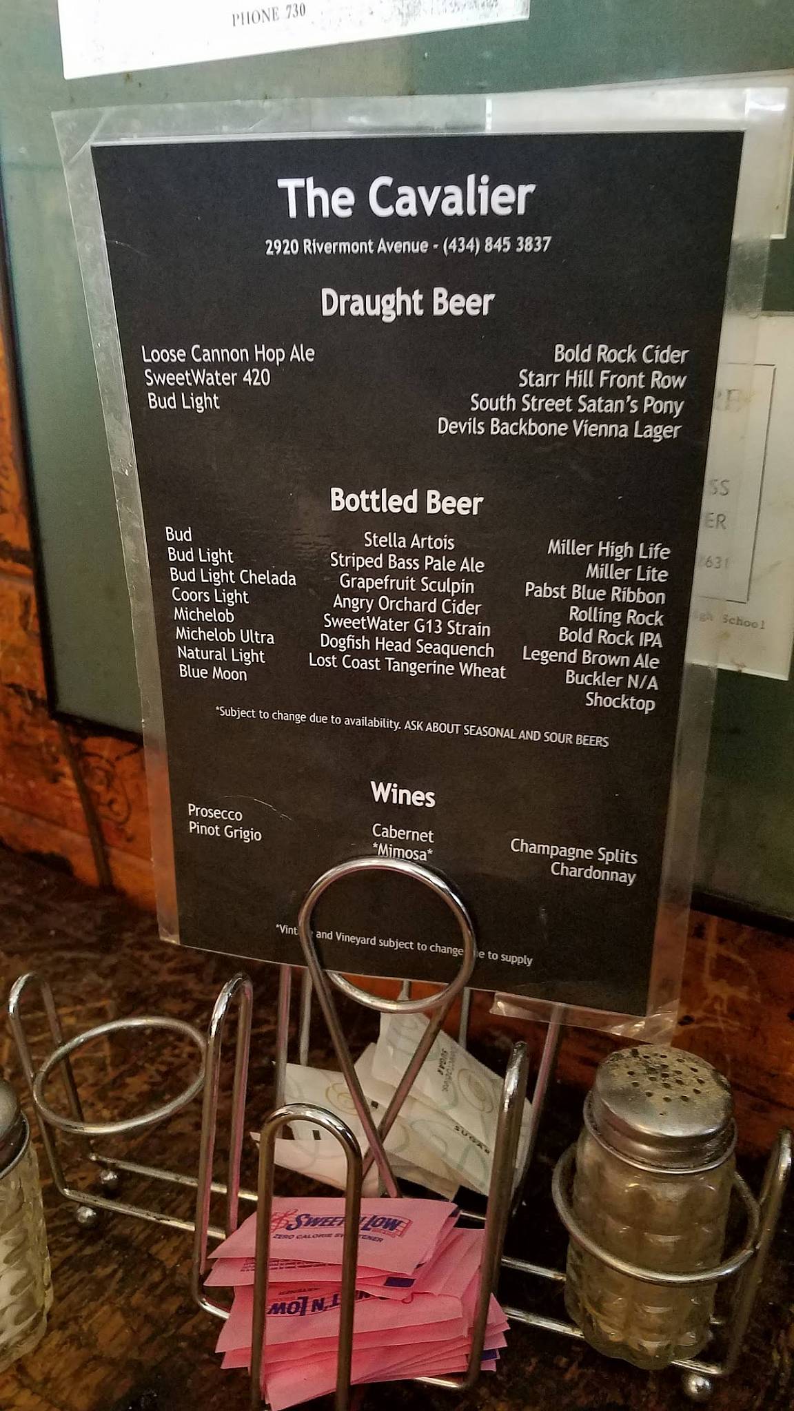 Menu at Cavalier Store restaurant, Lynchburg
