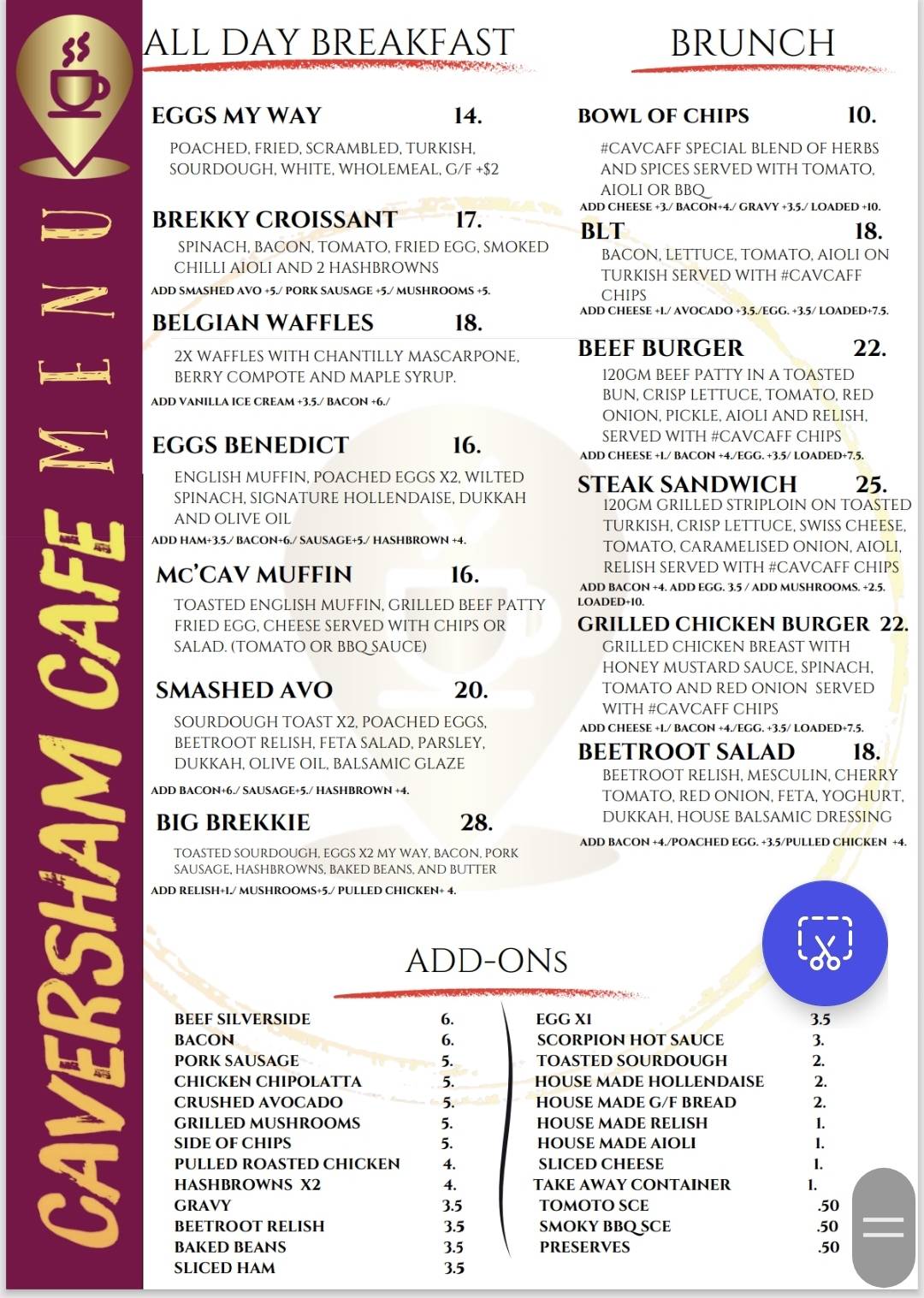 Menu at Caversham Cafe, Caversham