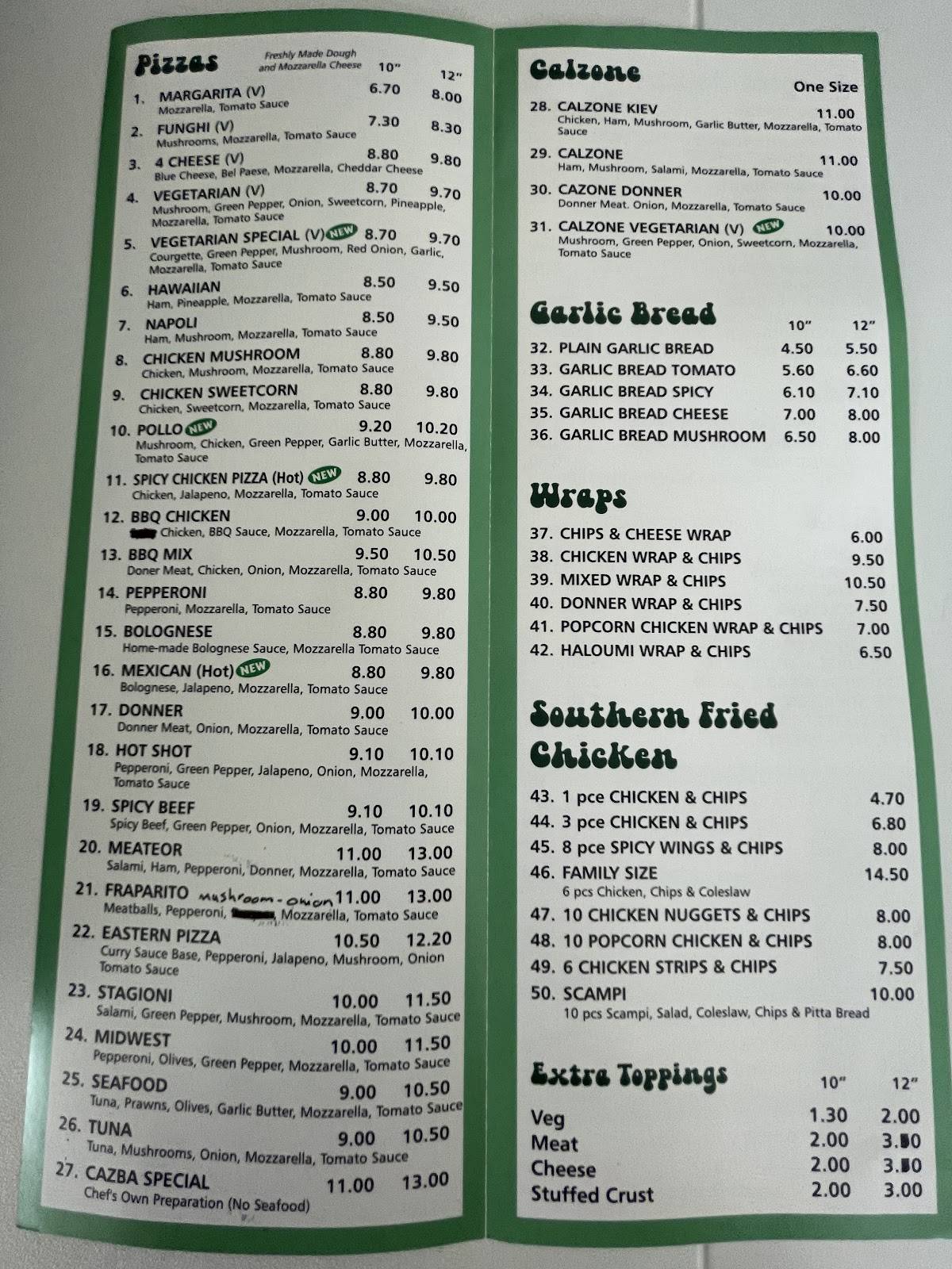 Menu at Cazba restaurant, Hull