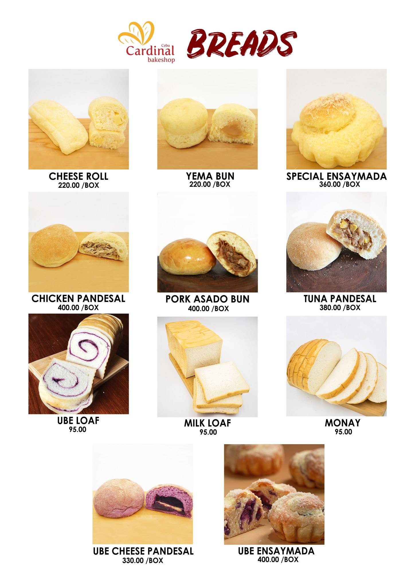Menu at Cebu Cardinal Bakeshoppe, Cebu City