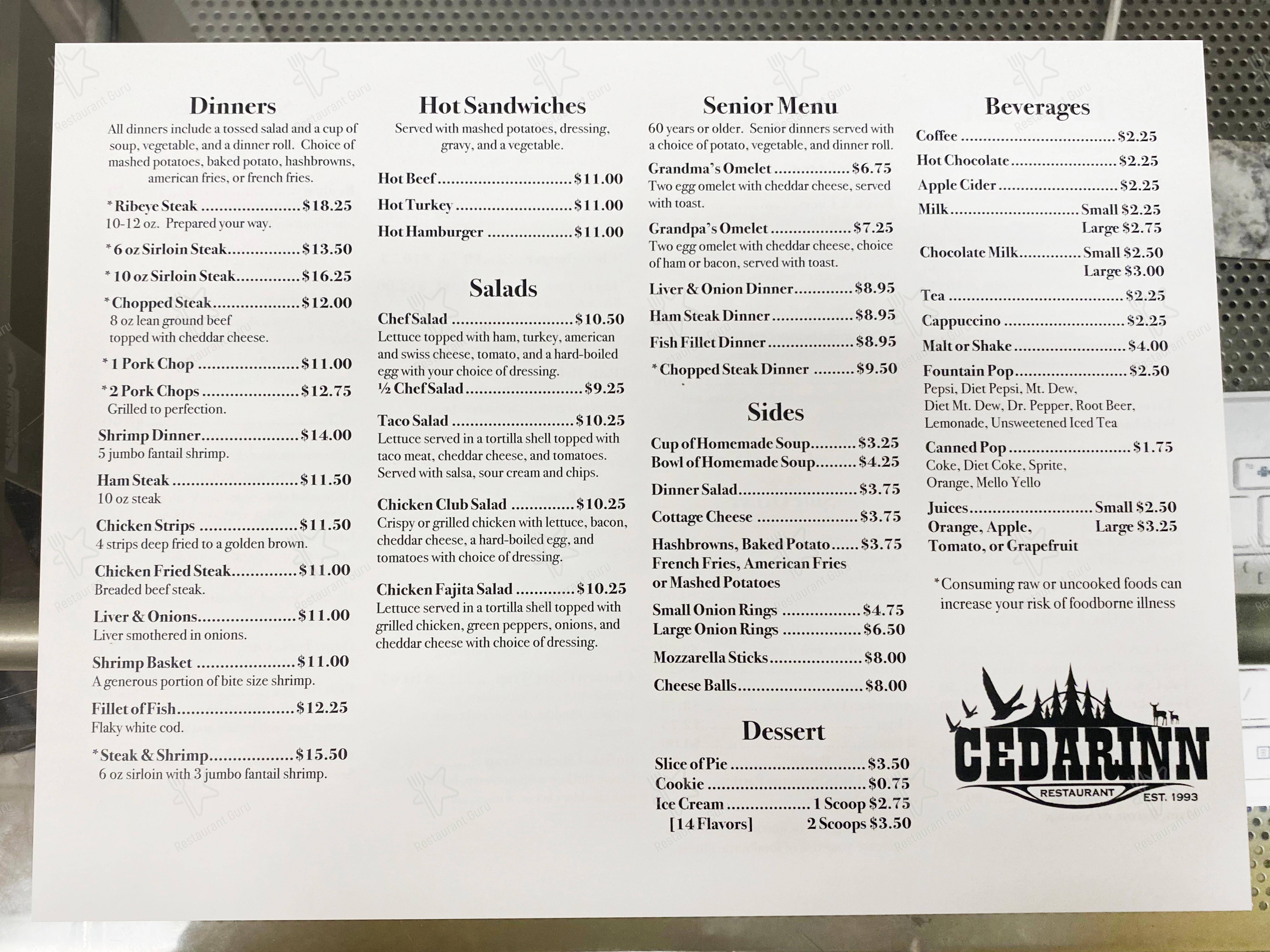 Menu at Cedar Inn Family Restaurant, Devils Lake