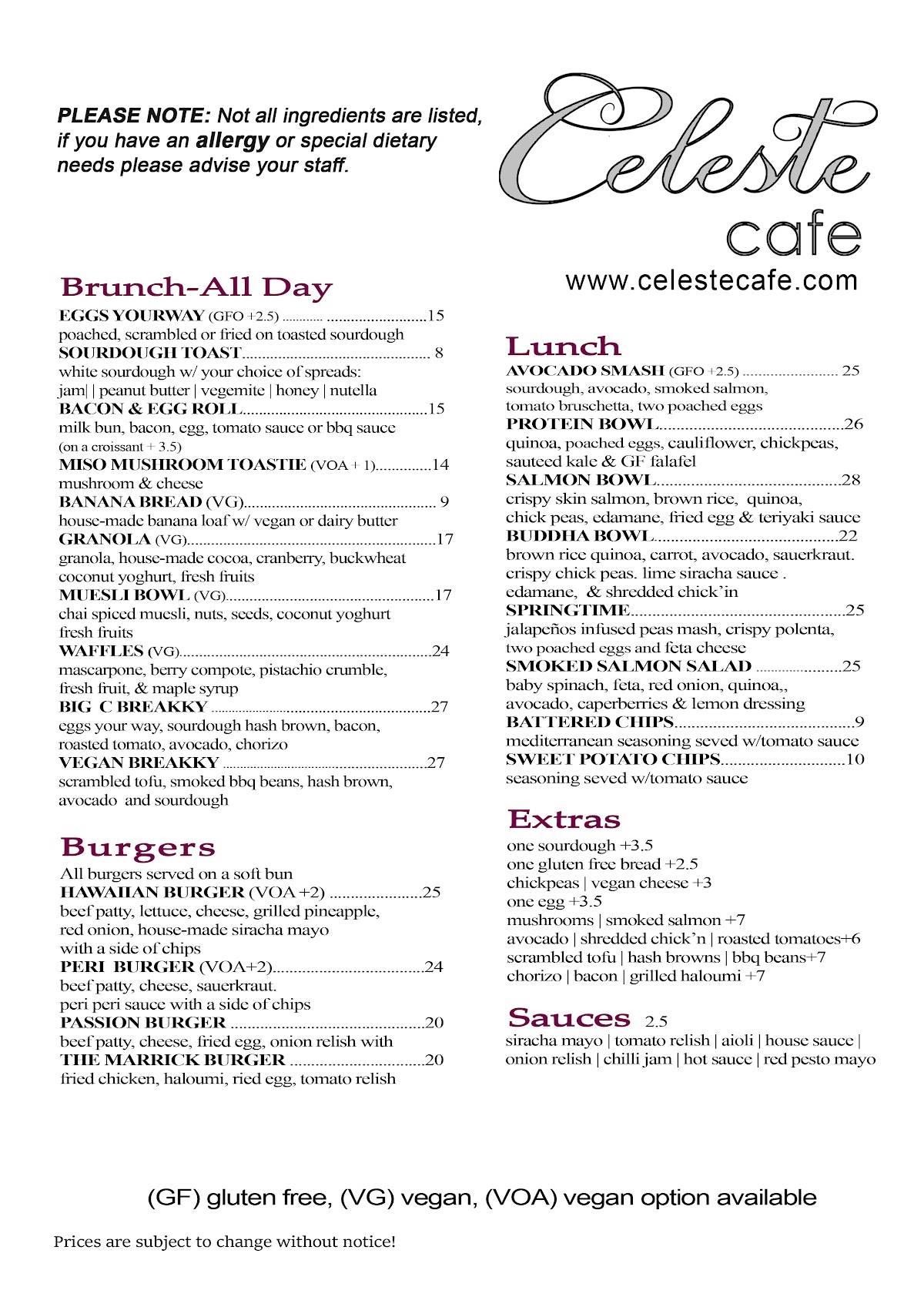 Menu at Celeste Cafe, Petersham