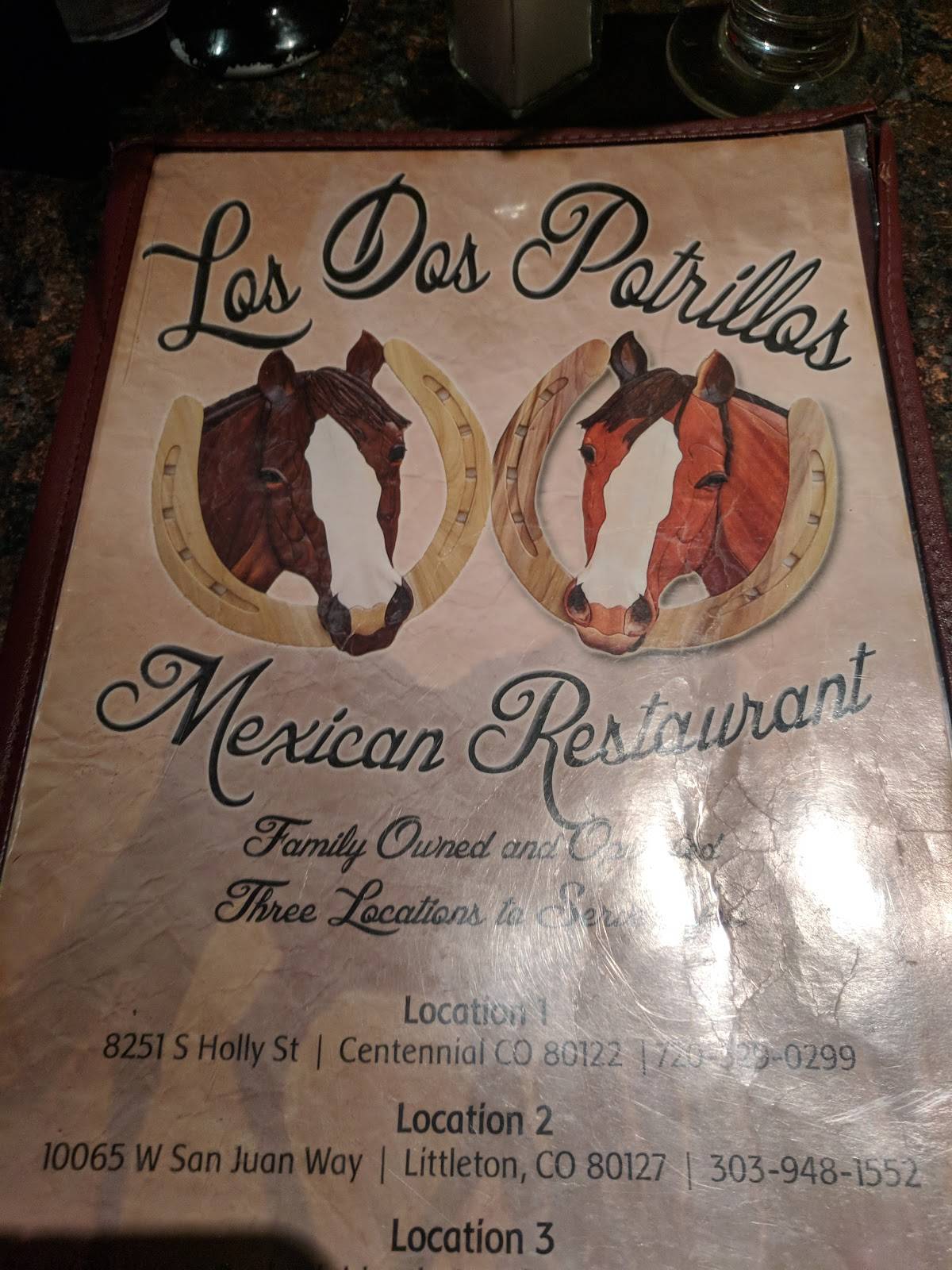 Menu at Los Dos Potrillos Mexican Restaurant, Centennial, S Holly St