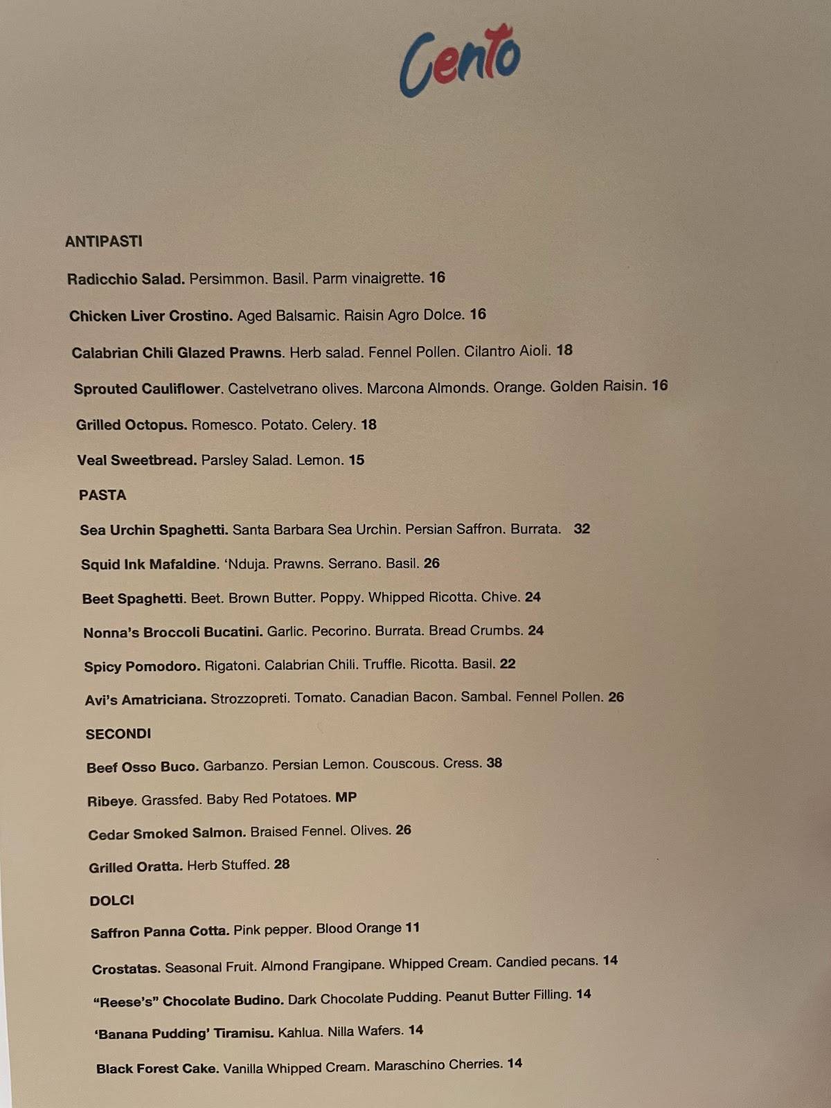 Menu at Cento restaurant, Los Angeles, W Adams Blvd