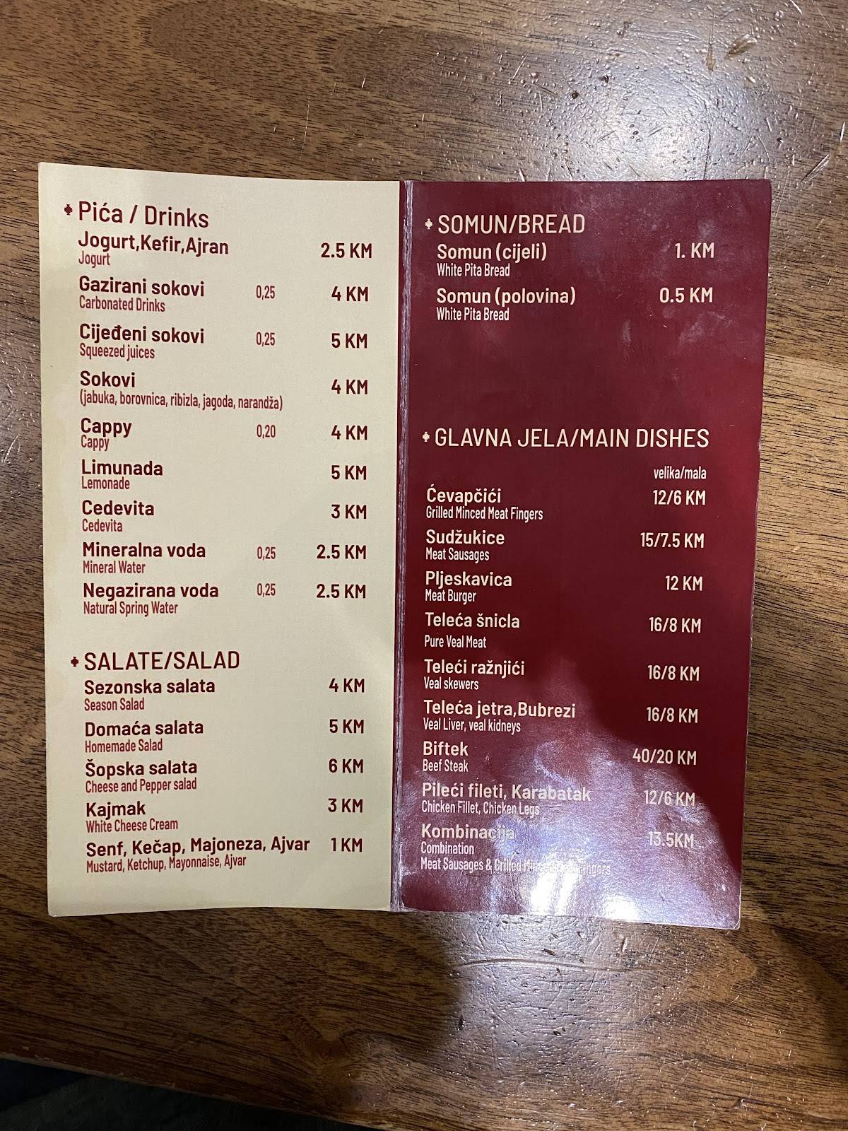 Menu at Ćevabdžinica Petica Ferhatović restaurant, Sarajevo