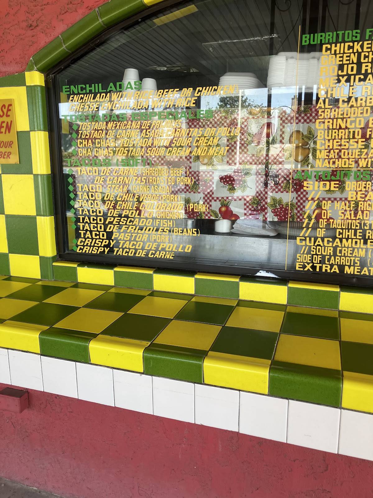Menu at Cha-Cha's Tacos restaurant, Redlands