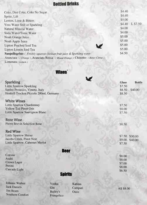 Menu at Little Sparrow Melbourne cafe, Malvern East, Dandenong Rd