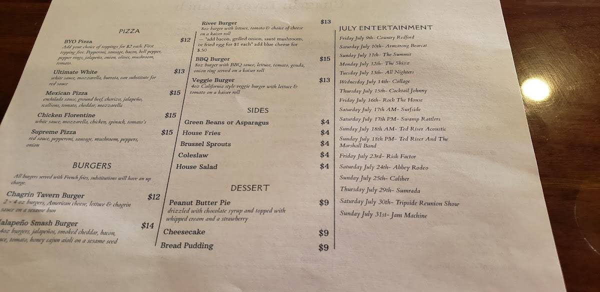 Menu at Chagrin Tavern steakhouse, Eastlake