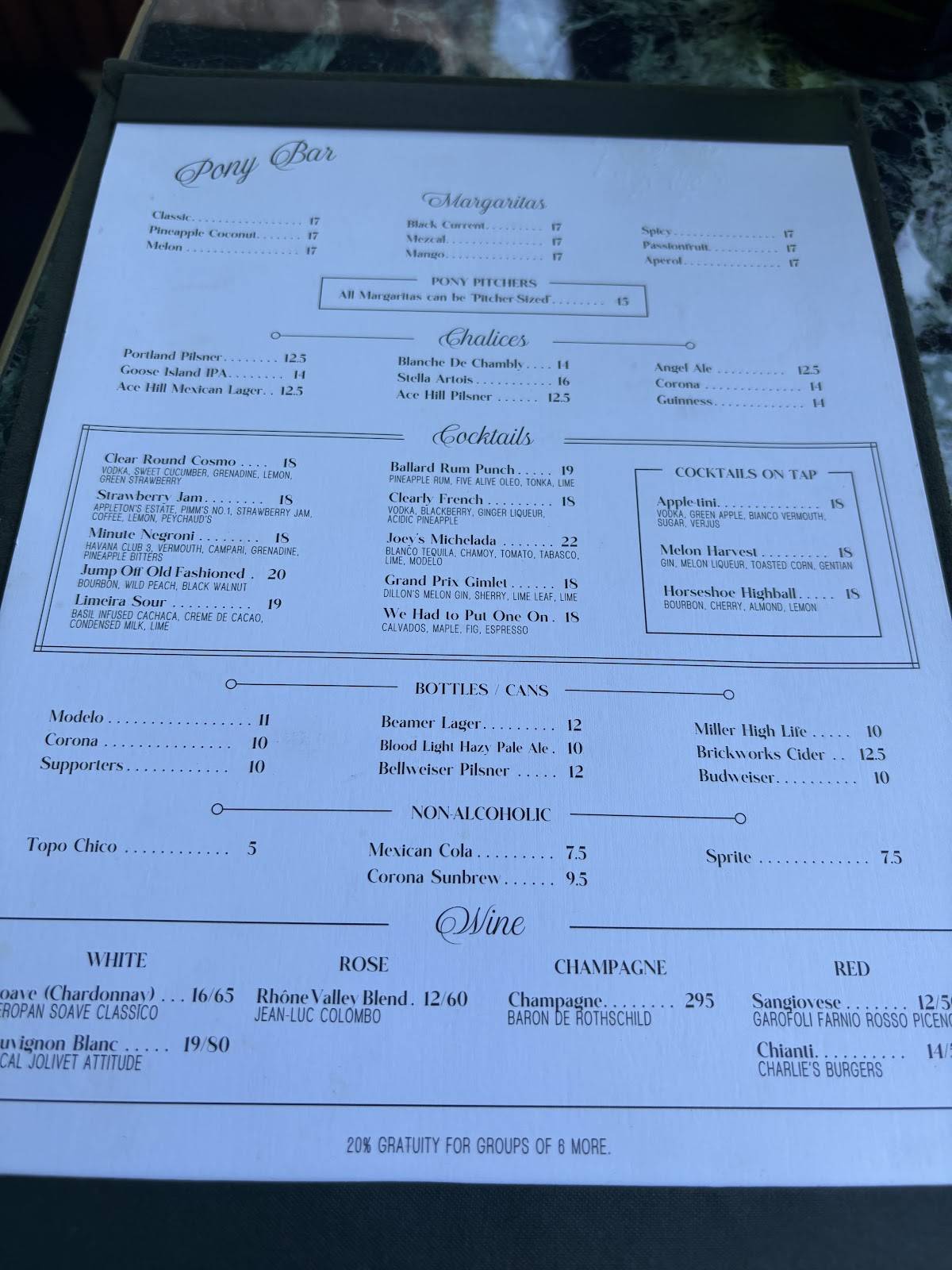 Menu at Chamberlain's Pony Bar, Toronto
