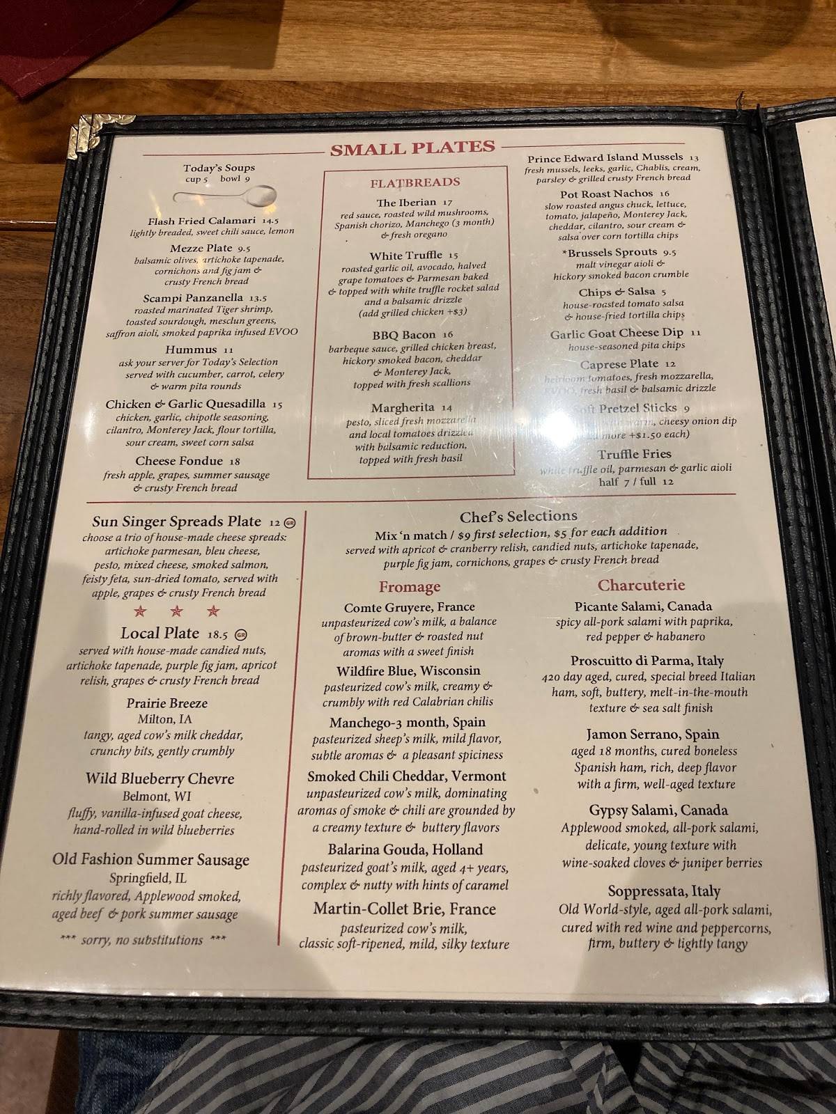 Menu at Sun Singer Restaurant, Wine & Spirits, Champaign