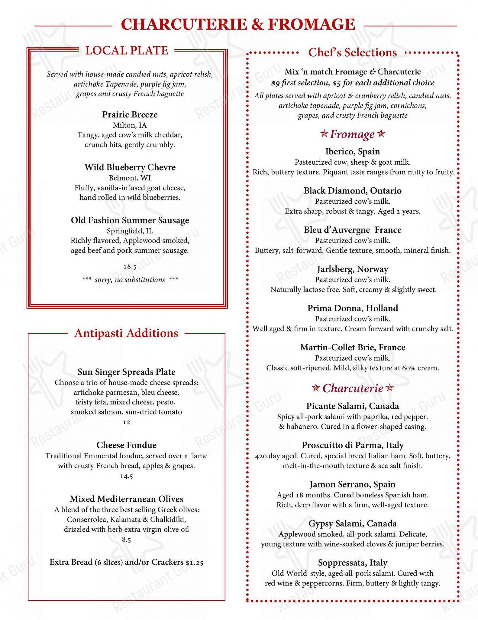 Menu at Sun Singer Restaurant, Wine & Spirits, Champaign