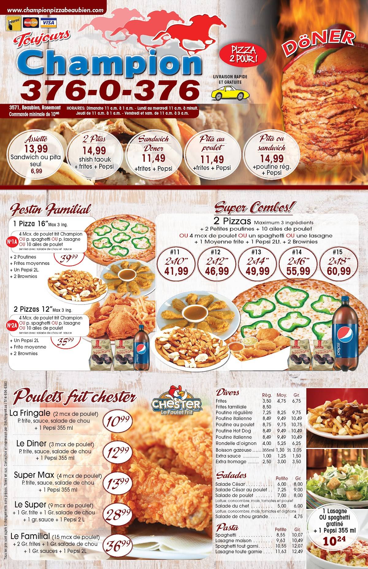 Menu au Champion 2 pour 1 Pizza pizzeria, Montréal, Rue Beaubien E