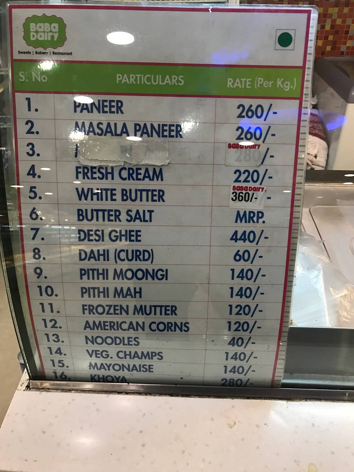 Menu at Baba Dairy, Chandigarh, 5-6-7