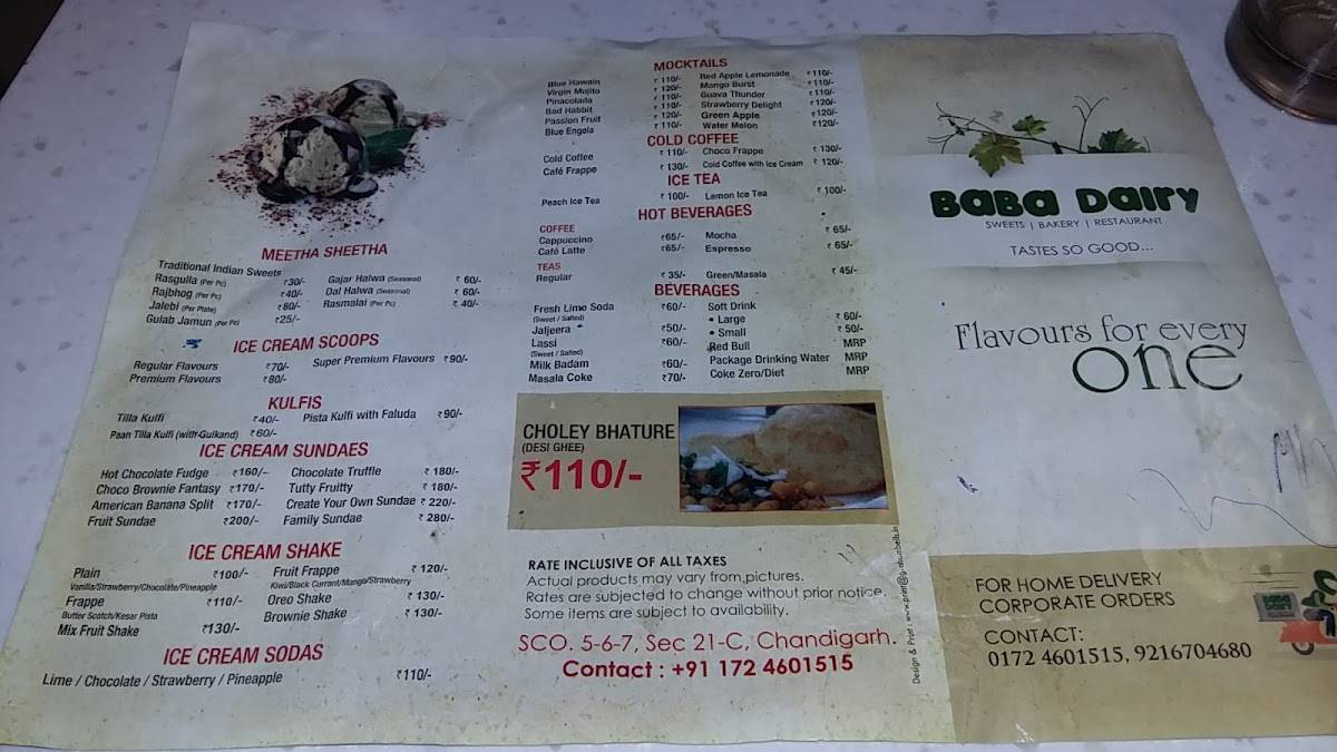 Menu at Baba Dairy, Chandigarh, 5-6-7