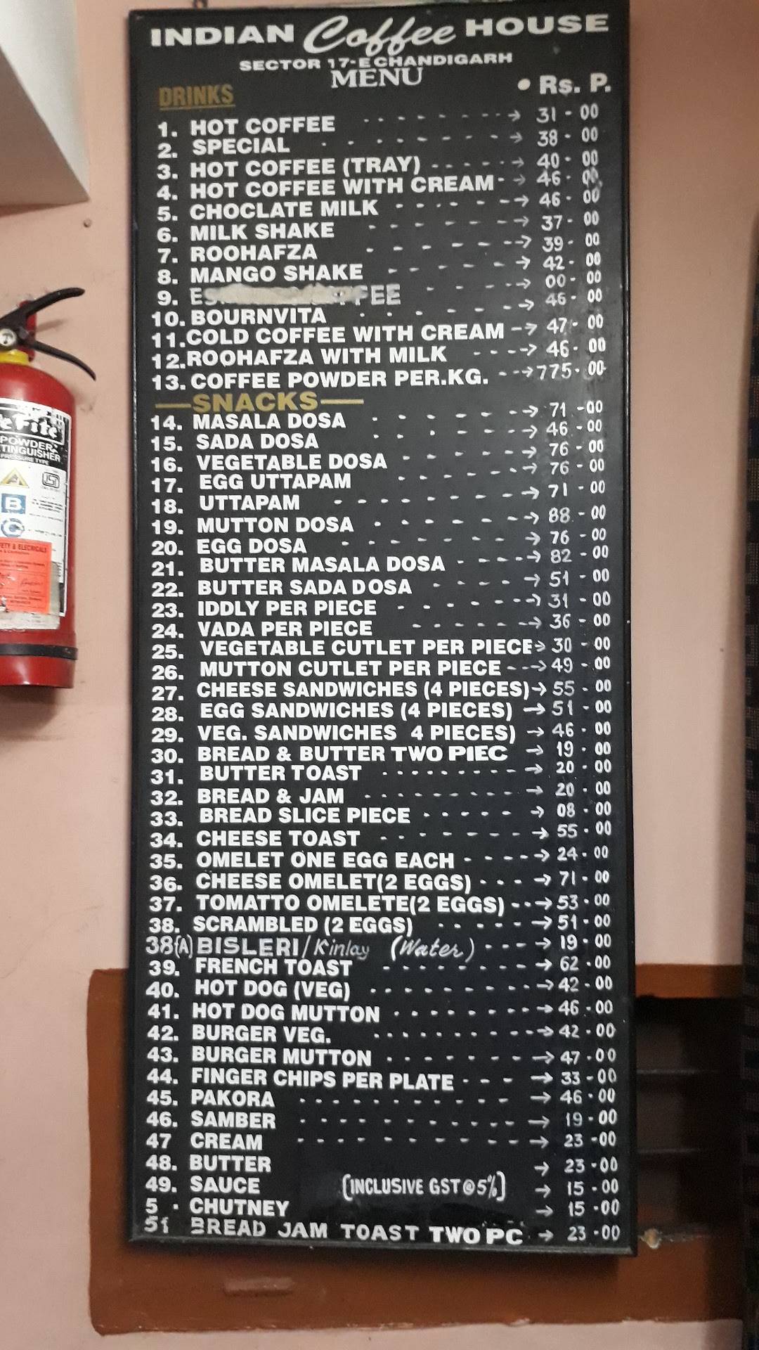 Menu at Indian Coffee House, Chandigarh, SCO 12