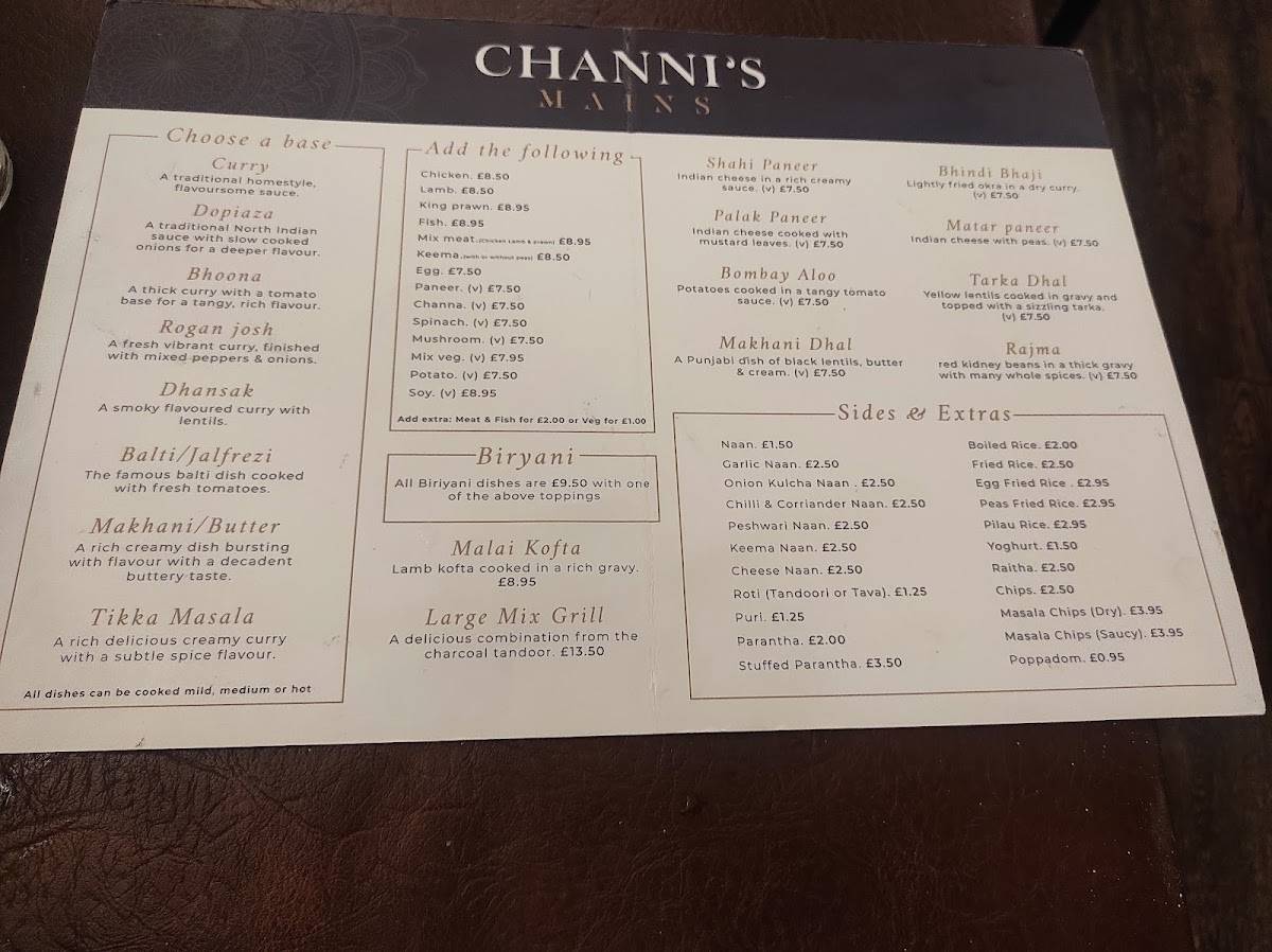 Menu at Channi's Indian Restaurant, Birmingham