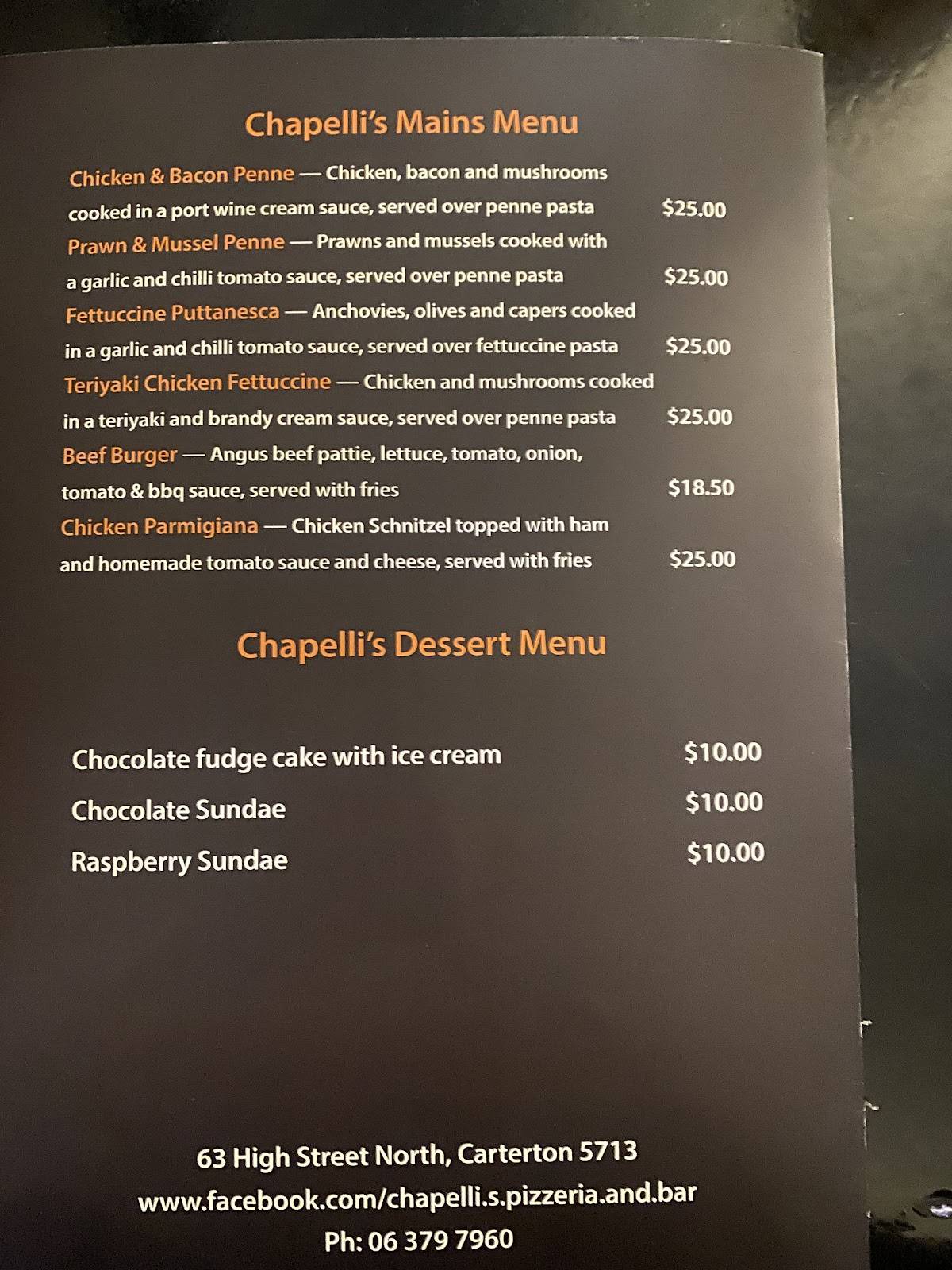 Menu at Chapelli’s Pizzeria & Bar, Carterton