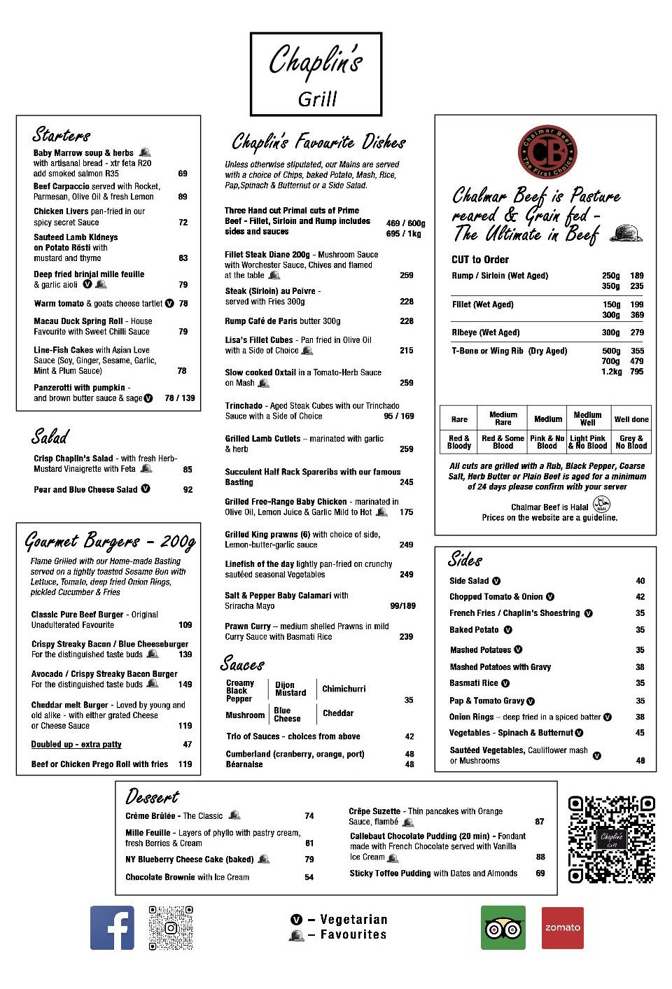 Menu at Chaplin's Grill restaurant, Sandton