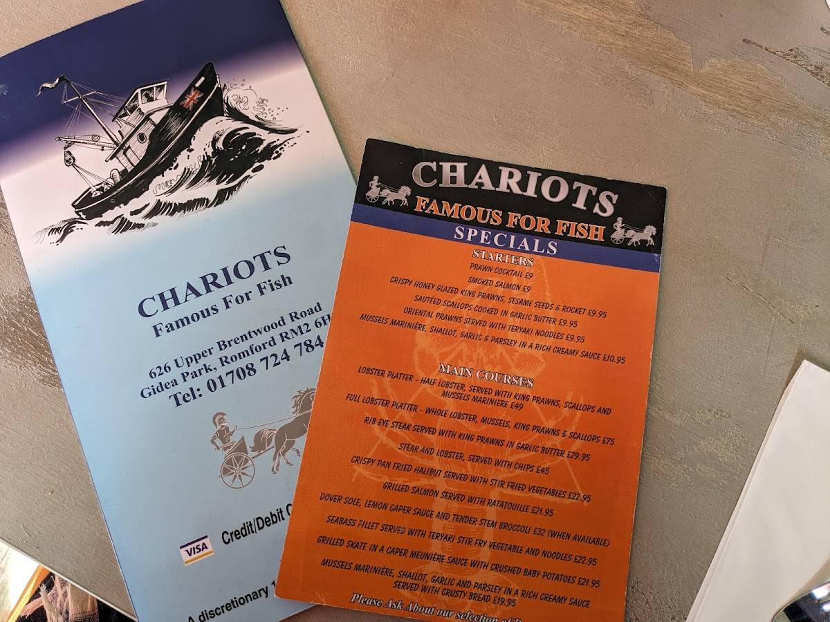 Menu at Chariots Fish & Chips restaurant, Romford