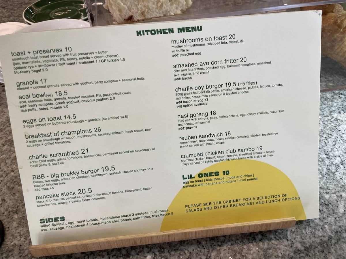 Menu at Charlie Boy Coffee cafe, Northbridge