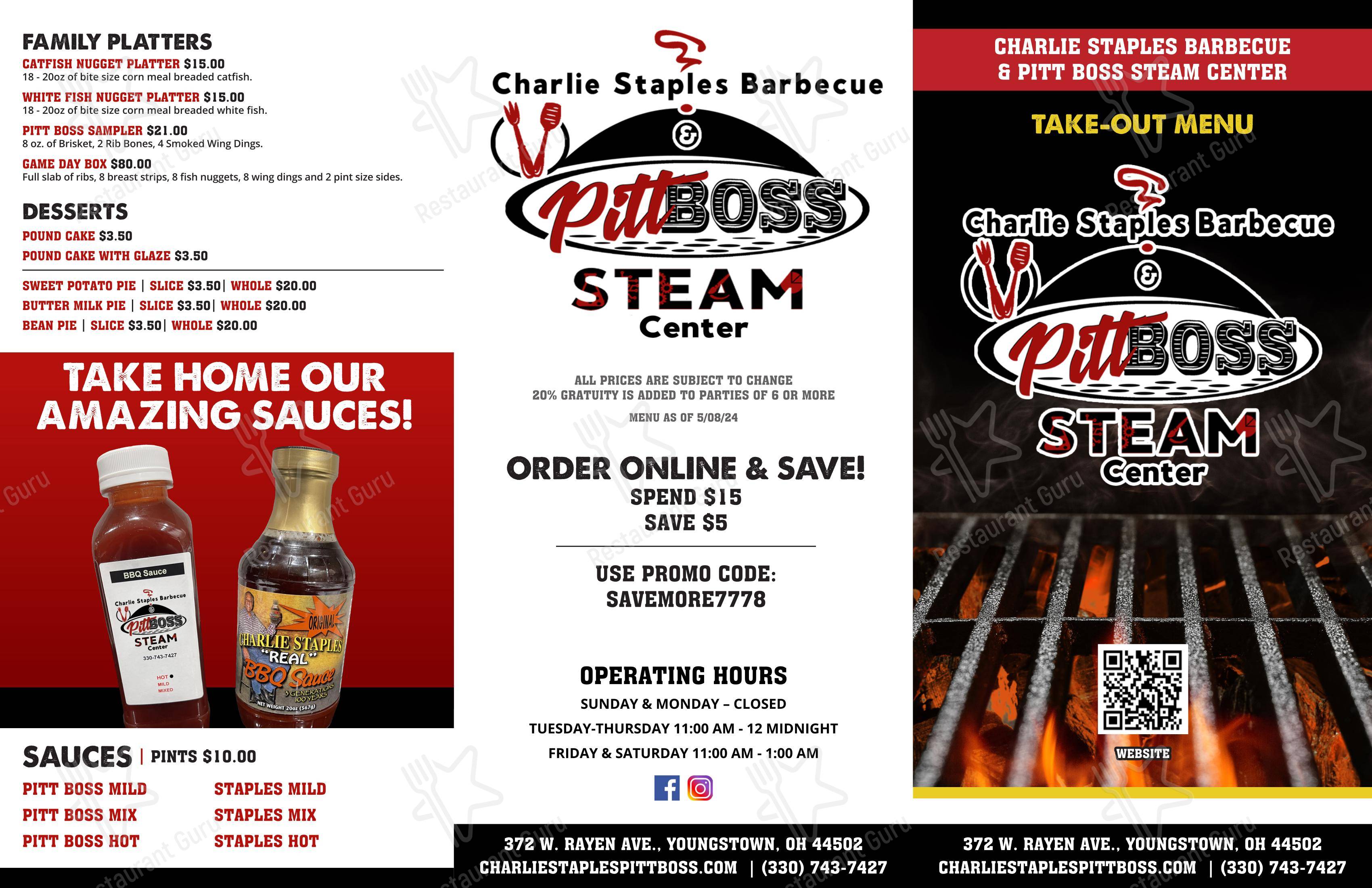 Menu at Charlie Staples Pitt Boss BBQ, Youngstown, 372 W Rayen Ave