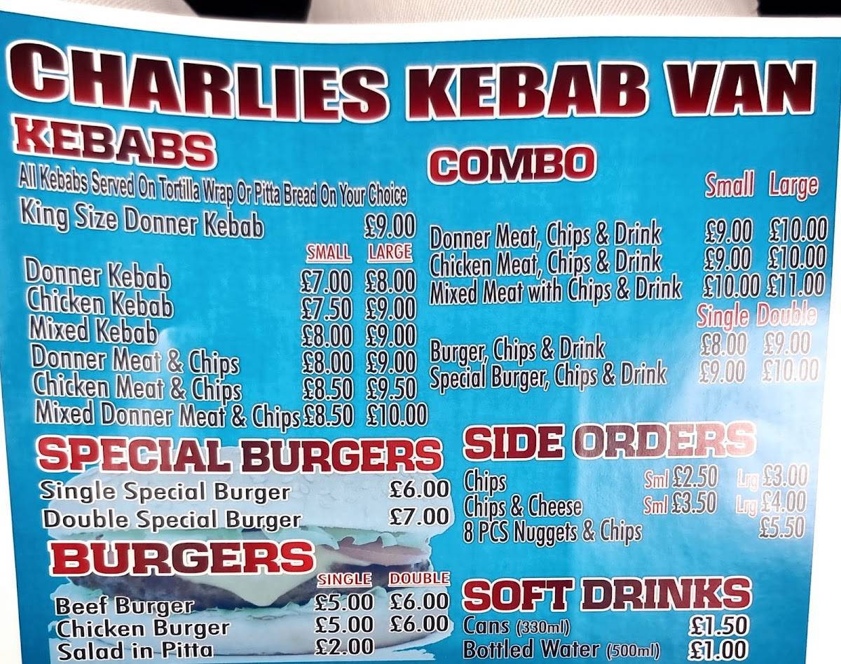 Menu at Charlies Kebab Van fast food, Droitwich Spa