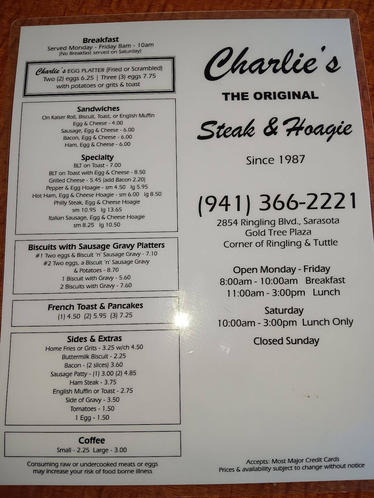 Menu at Charlie's Steak & Hoagie restaurant, Sarasota