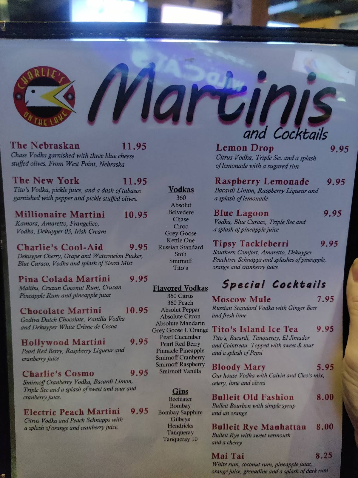 Menu at Charlie's on the Lake steakhouse, Omaha, S 144th St